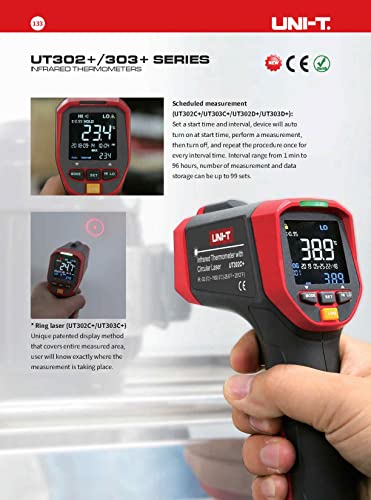 UNI-T UT303A+ Professional Infrared Thermometer CE/RoHS -32℃~800℃ accuracy ≥0℃: ±1.5℃ or ±1.5%; <0℃: ±(1.5℃+0.1℃/℃)