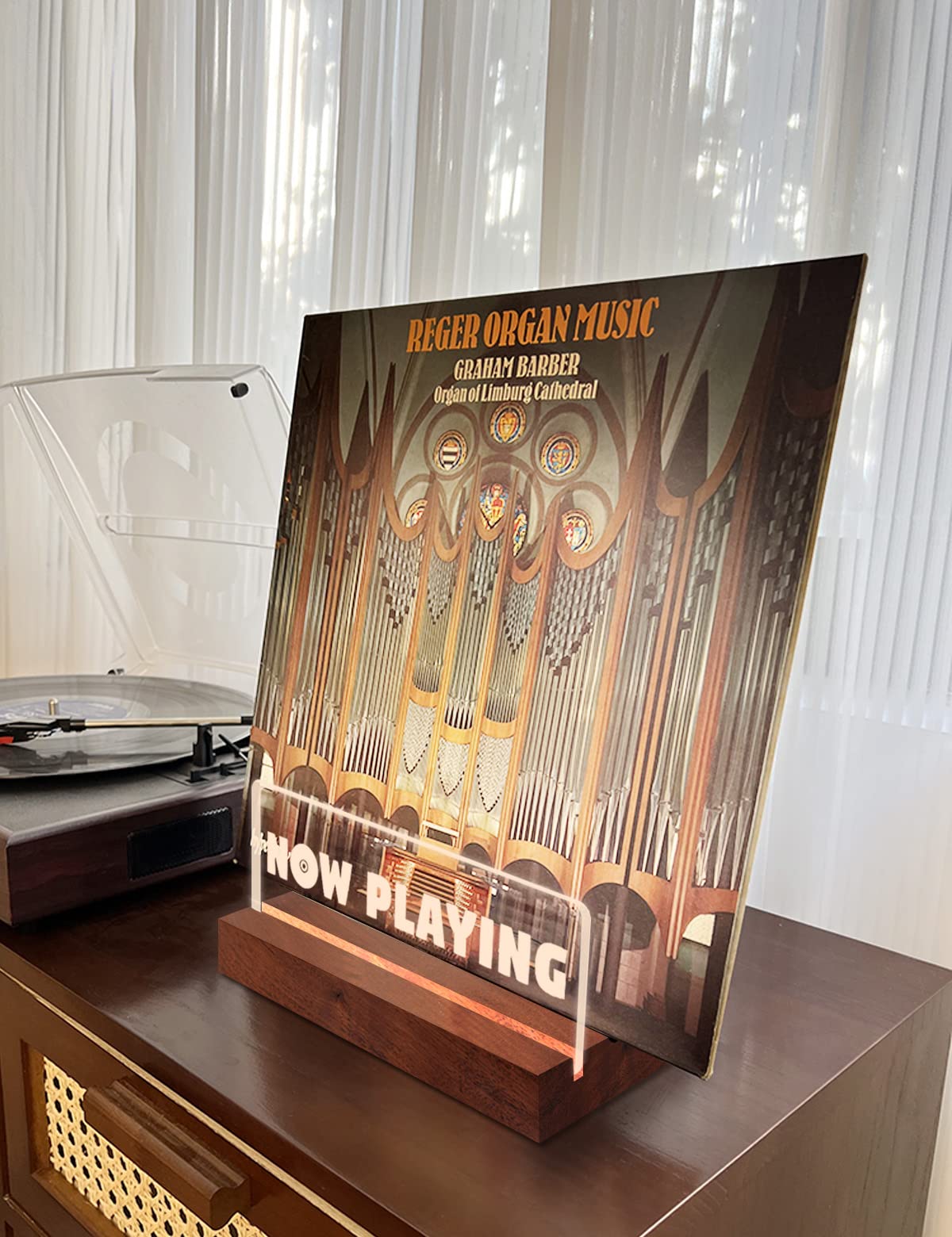 POSVIU Now Playing Vinyl Record Stand - LED Lighting Display, Solid Walnut & Acrylic,Vinyl Record Holder for LP Albums, Warm Lights (Walnut)