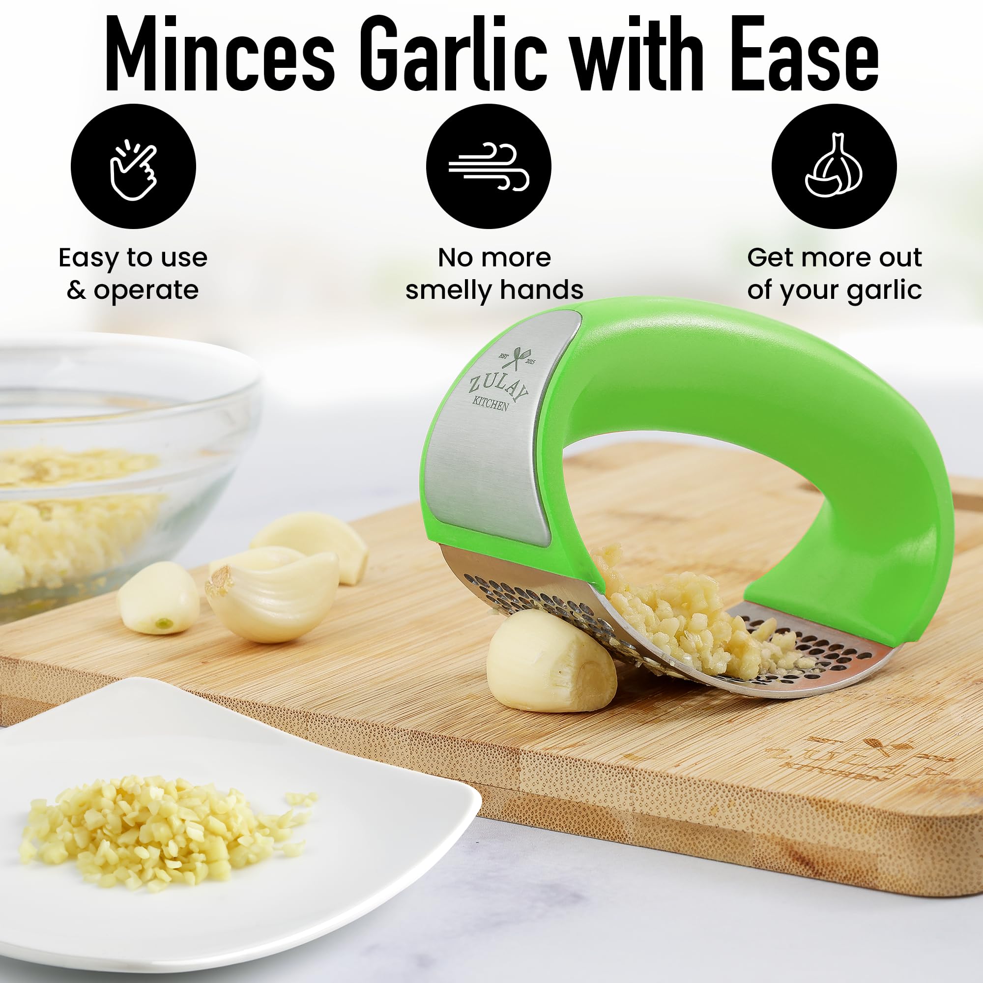 Zulay Garlic Press Rocker - Stainless Steel Garlic Mincer Perfect For Mincing Garlic - Comfortable Grip Garlic Crusher - Garlic Chopper for Smash Garlic (Black)