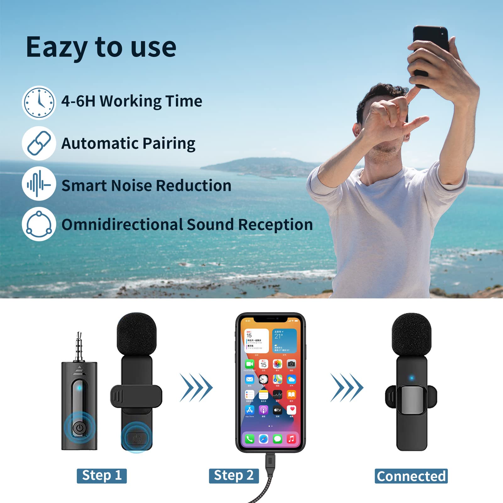 Wireless Lavalier Microphone for iPhone, Android Phone, Wireless Tie Lapel Microphone, Tie Microphone, Ultra Low Latency, Lapel Noise Canceling Microphone, For Interviewing Video Podcast, Tiktok Vlog