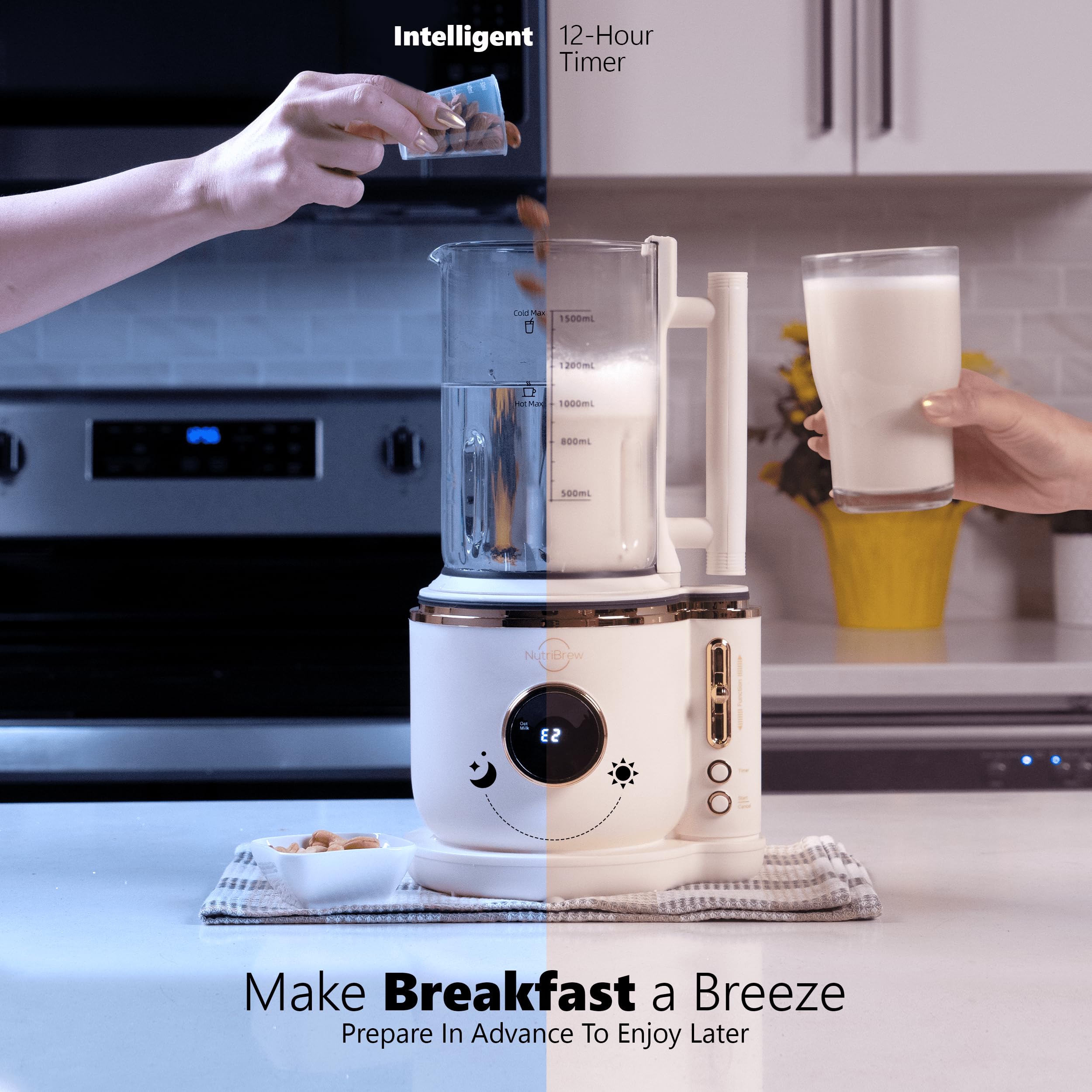 NutriBrew 50oz Automatic Nut Milk Maker Machine (1500 ml) Homemade Almond, Oat Soy Milk & More Plant Based Milk and Dairy Free Beverages Intelligent Functions With Delay Start and Easy Brew.