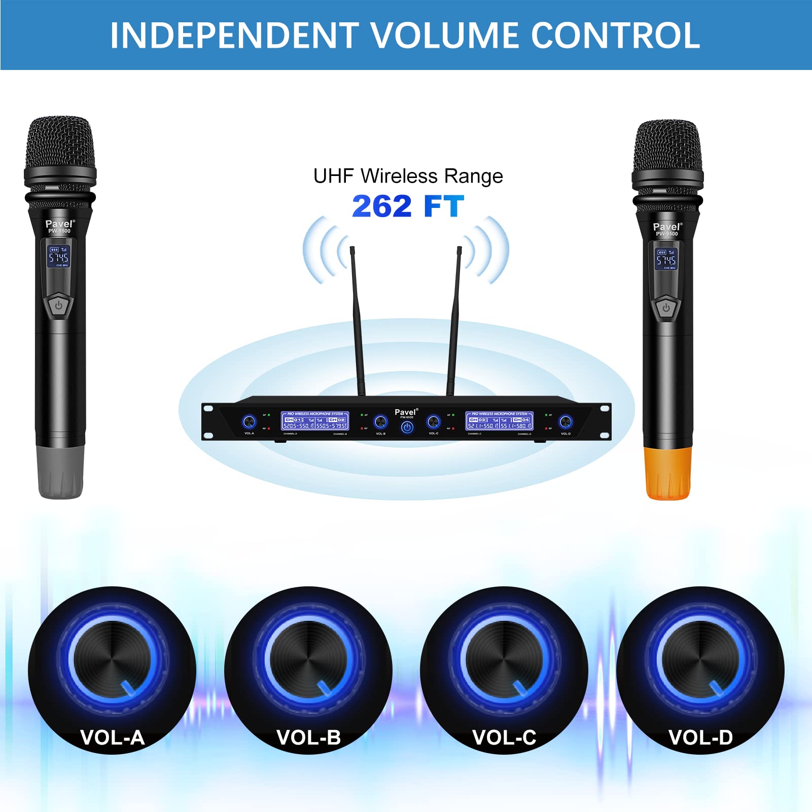 Wireless Microphone System, Pro Quad Channels UHF Karaoke Microphone Wireless, Auto Scan, Adjustable Frequency, 328ft Range, Wireless Mic for Church, Karaoke, Singing, Wedding, Speech, DJ, Outdoor