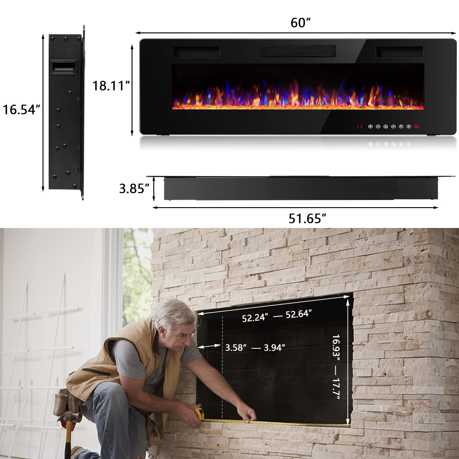 Vitesse 60 inch Ultra-Thin Electric Fireplace in-Wall Recessed and Wall Mounted Fireplace Heater,Linear Fireplace with Multicolor Flame,Timer,Low Noise,750/1500W,Touch Screen & Remote Control(60ββ)