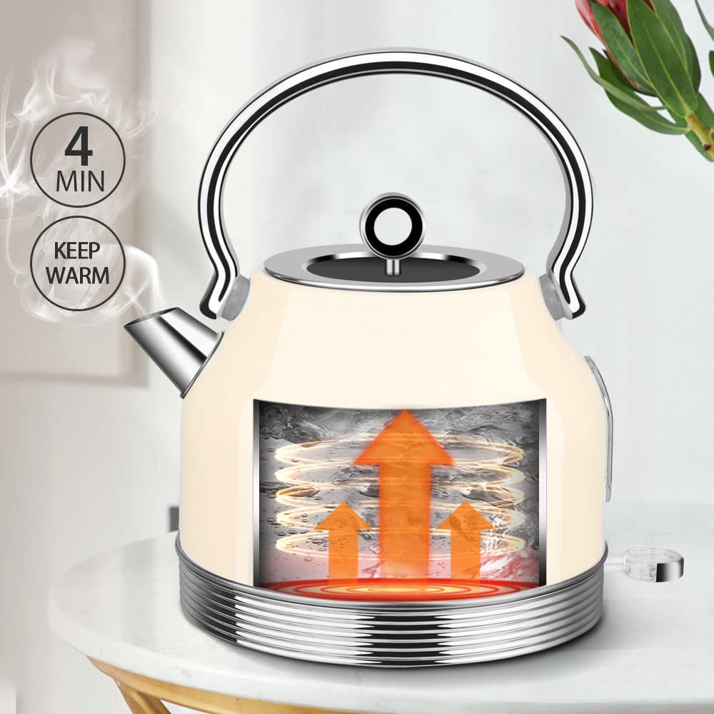 Retro Electric Kettle Stainless Steel 1.7L Tea Kettle, Hot Water Boiler with Thermometer&Led Light, Fast Boiling, Auto Shut-Off&Boil-Dry Protection (Beige)