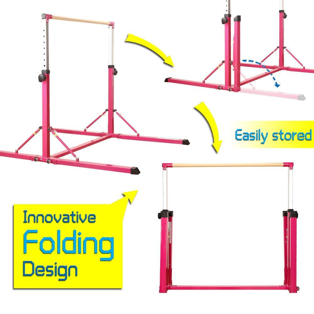 PreGymnastic Folding Junior Training Bar/Horizontal Training Bar Kip Bar Stainless Steel Regulating Arm & Strong Fiberglass Rail (Hot Pink)