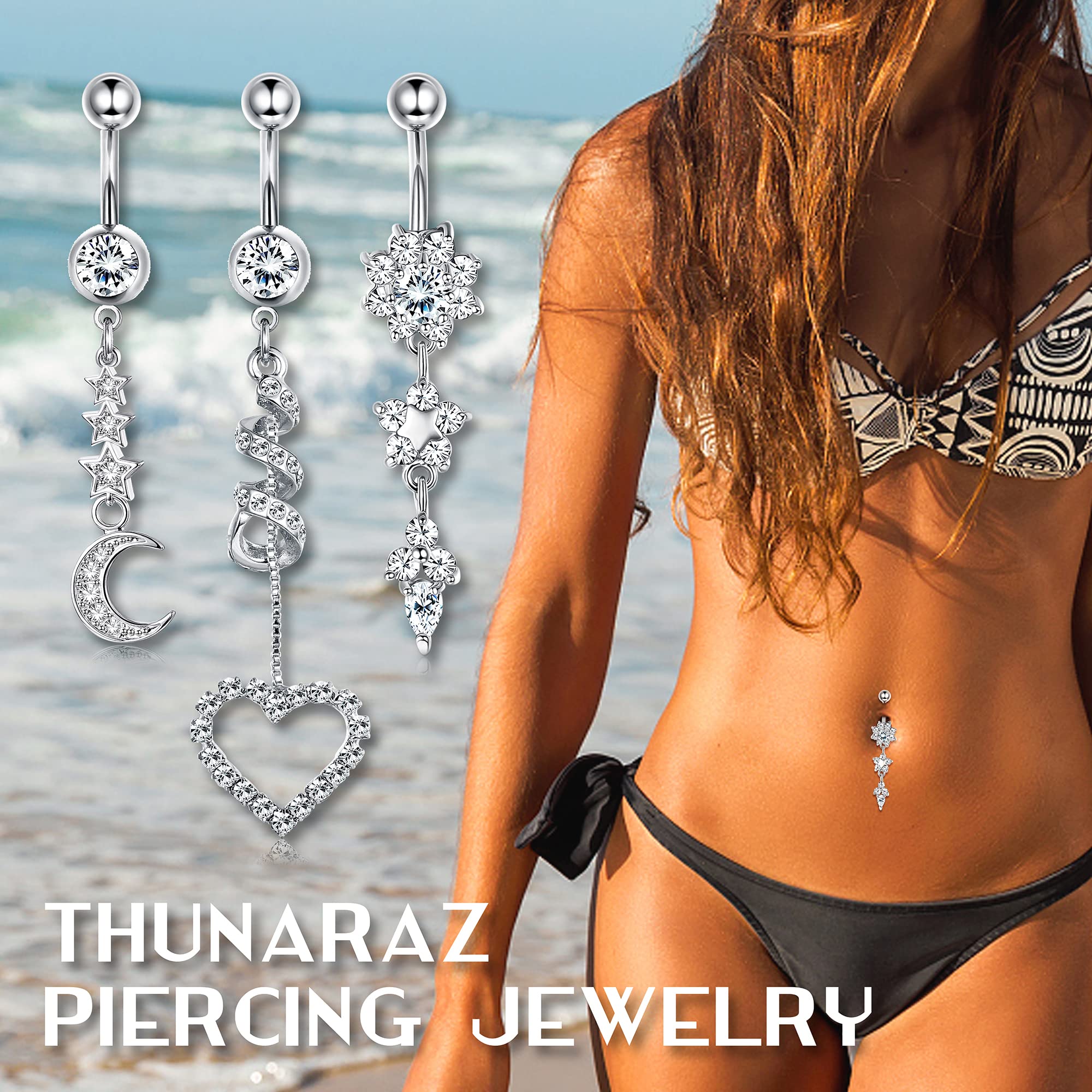 THUNARAZ 14G Belly Button Rings Dangle Surgical Steel Snake Evil Eye Heart Belly Button Ring for Women Clear CZ Navel Ring Sexy Belly Piercing Pack 9 Pcs