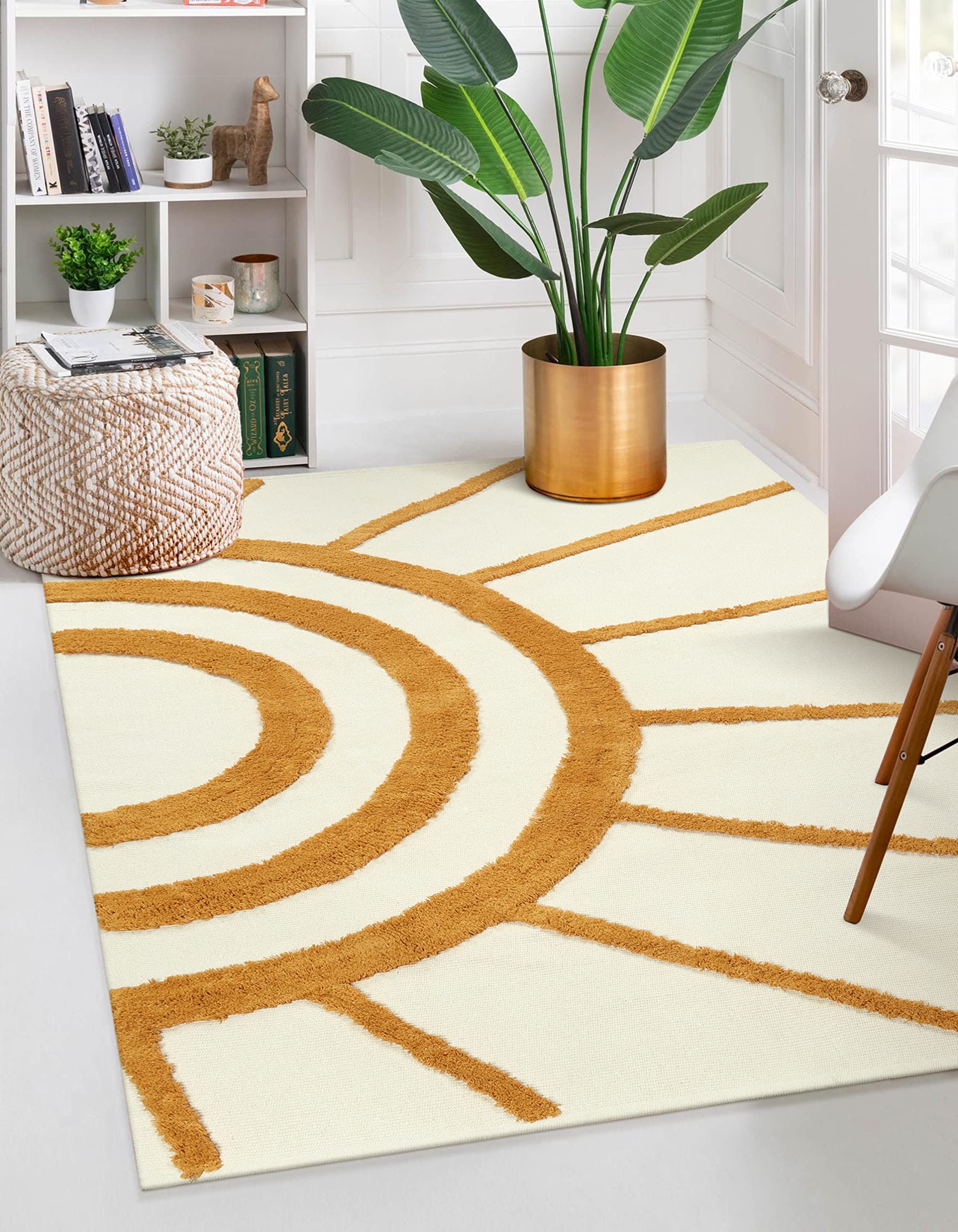 OJIA Boho Area Rug 4' X 6', Tufted Living Room Rug Cotton Woven Machine Washable Rugs Beige Bedroom Rug, Farmhouse Tribal Floor Carpet Accent Rugs for Nursery Room/Dining Room