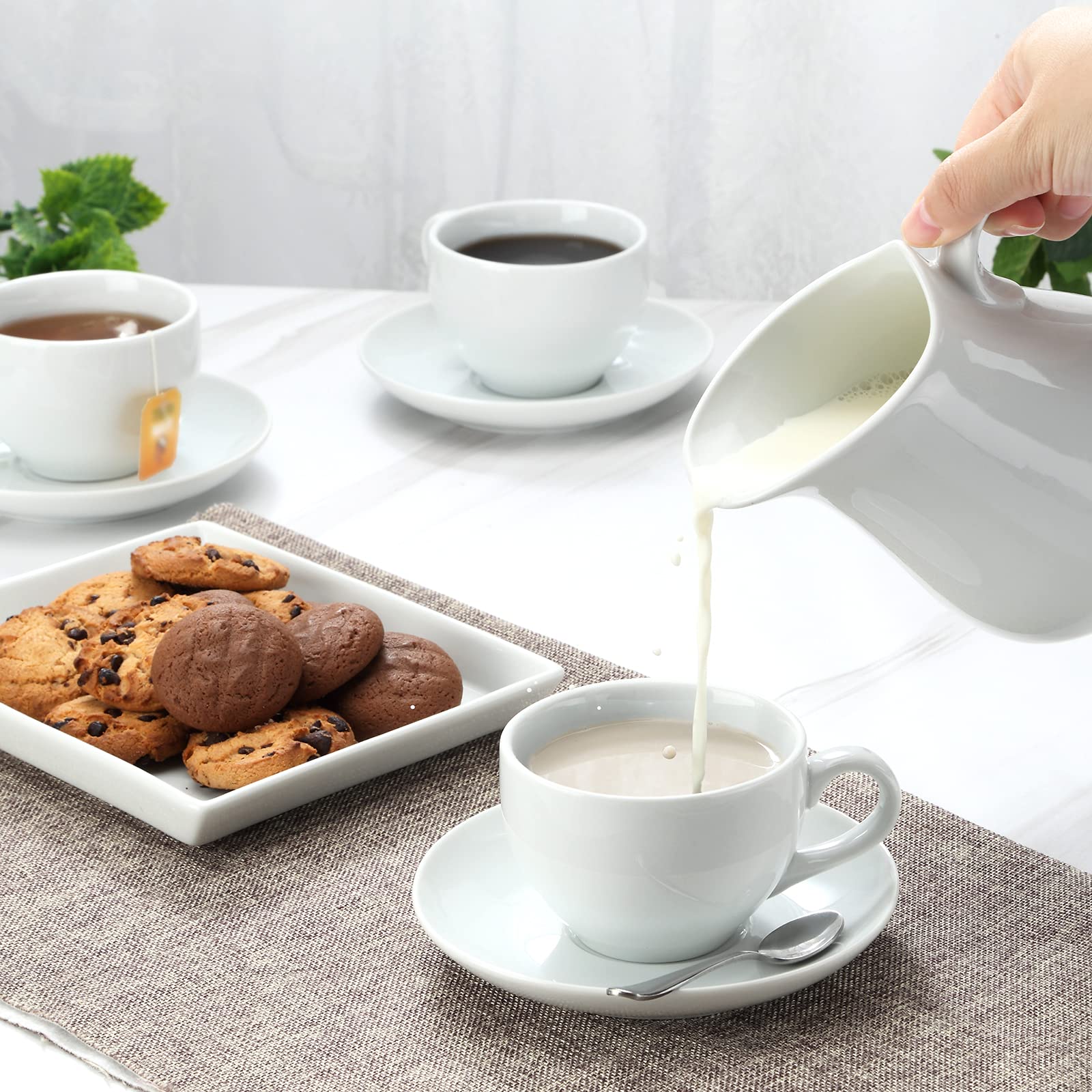 Yedio Porcelain Coffee Cups Set with Saucer, 6 Ounce White Porcelain Cup and Saucer Set for Cappuccino, Coffee Latte, Coffee drinks and Tea, Set of 6