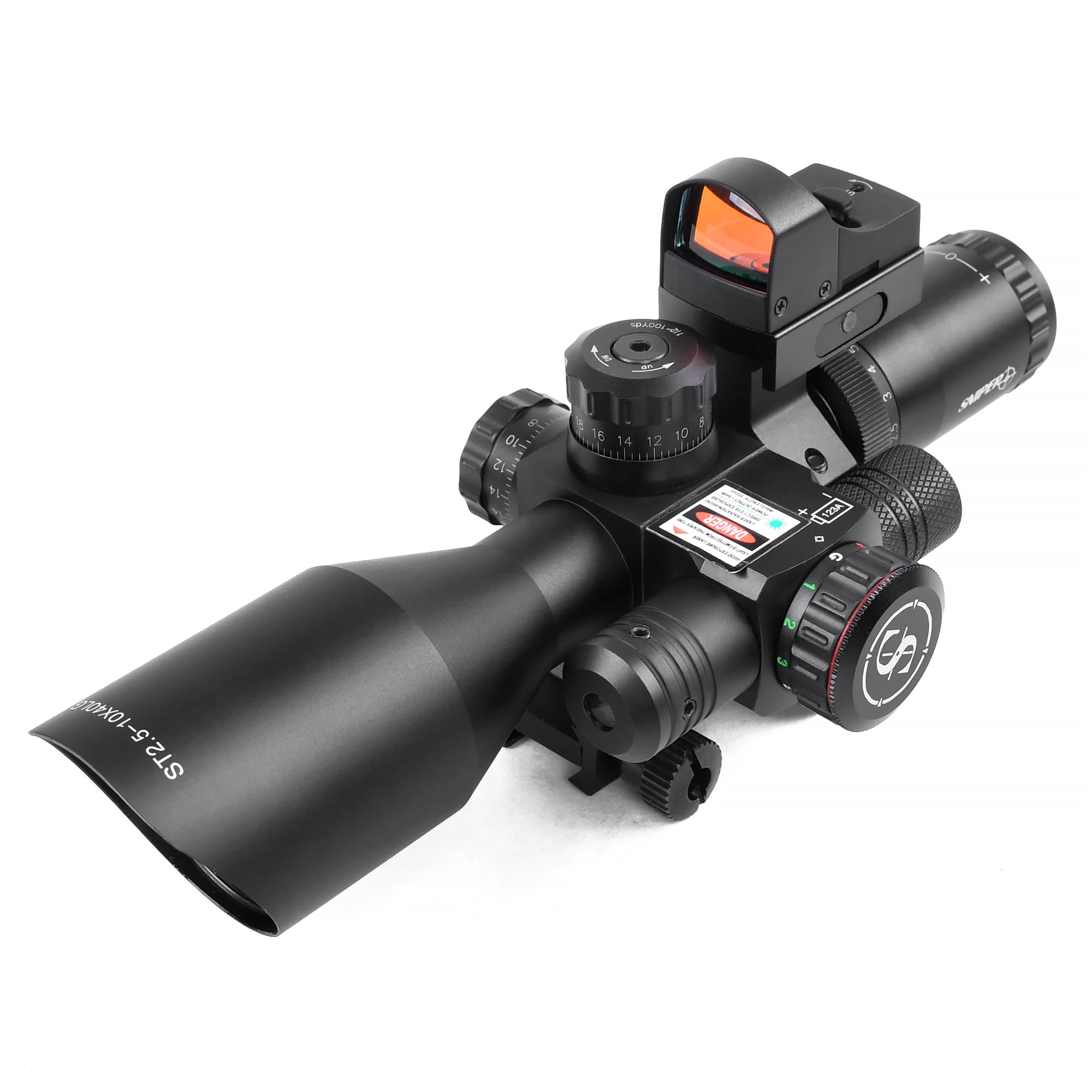 Sniper ST2.5-10x40 Rifle Scope Combo with Green Laser R/G Illuminated Reticle Red Dot Sight