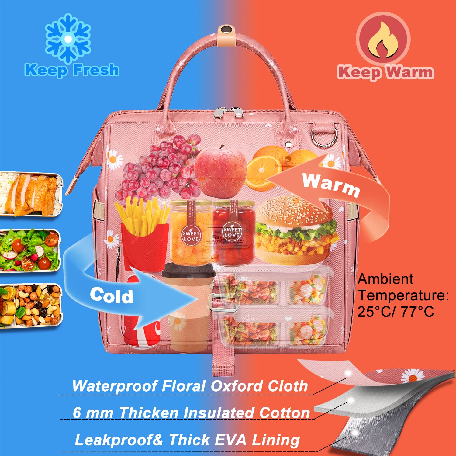 Weitars Lunch Bag for Women,Floral Insulated Lunch Box Lunch Tote,Wide-Open Lunch Purse with Removable Shoulder Strap,Lunchbag for Work Picnic Hiking