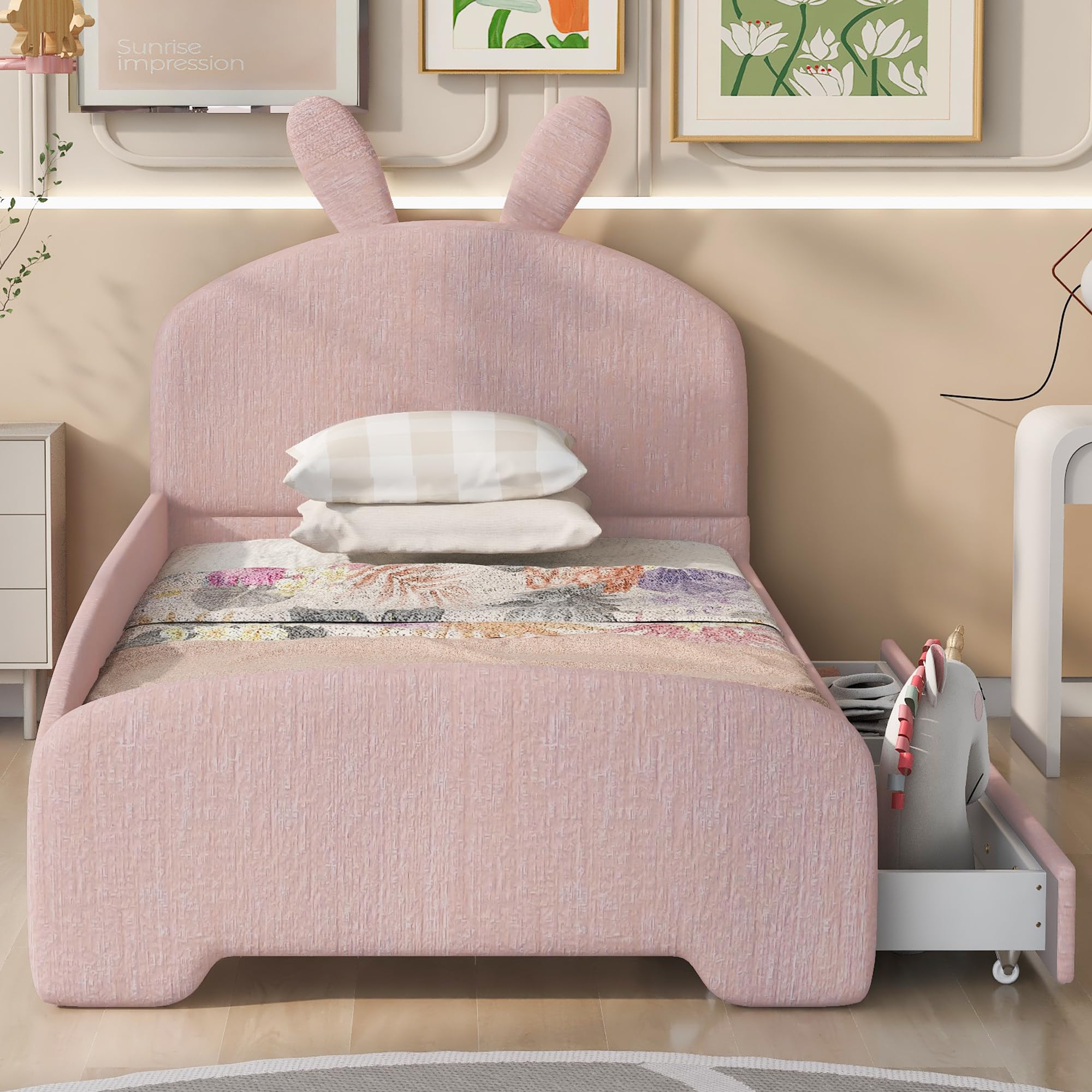 PRNDOLE Twin Size Upholstered Platform Bed Frame with 2 Drawers and Cartoon Ears Shaped Headboard for Kids,Pink