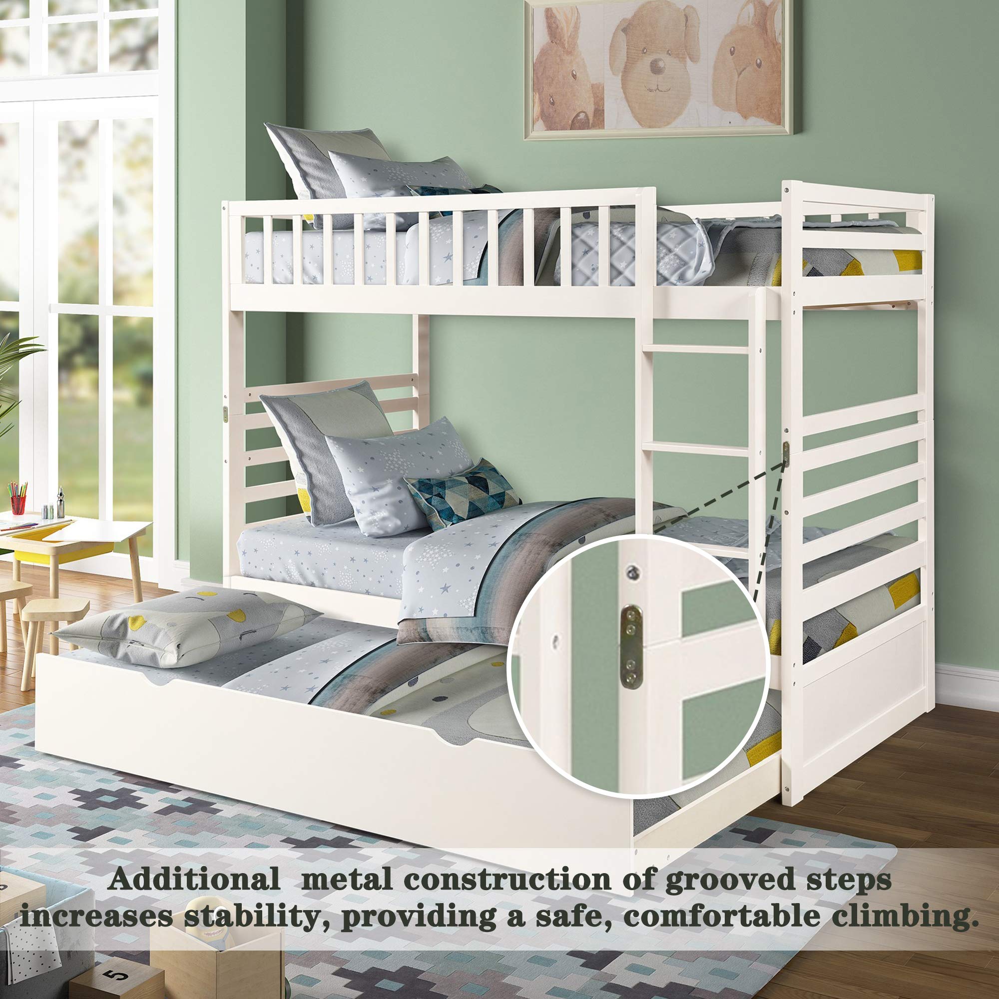 Morhome Twin Over Twin Bunk Bed with Trundle, 3 in 1 Triple Bunk Beds with Side Ladders and Safety Guard Rail for Kids Adults Teens
