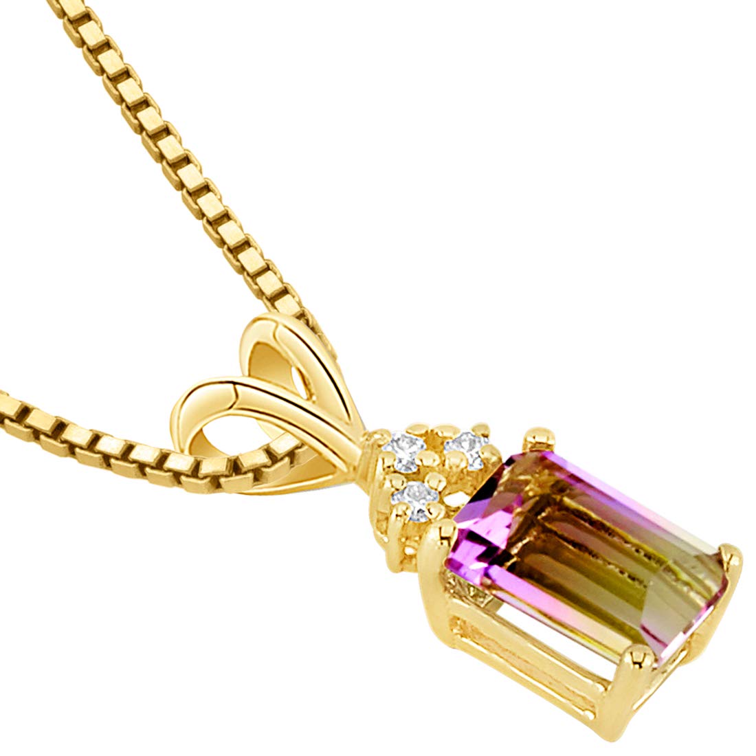 PEORA Solid 14K Yellow Gold Ametrine with Diamonds Pendant for Women, Genuine Gemstone Solitaire, Emerald Cut, 7x5mm, 1 Carat total