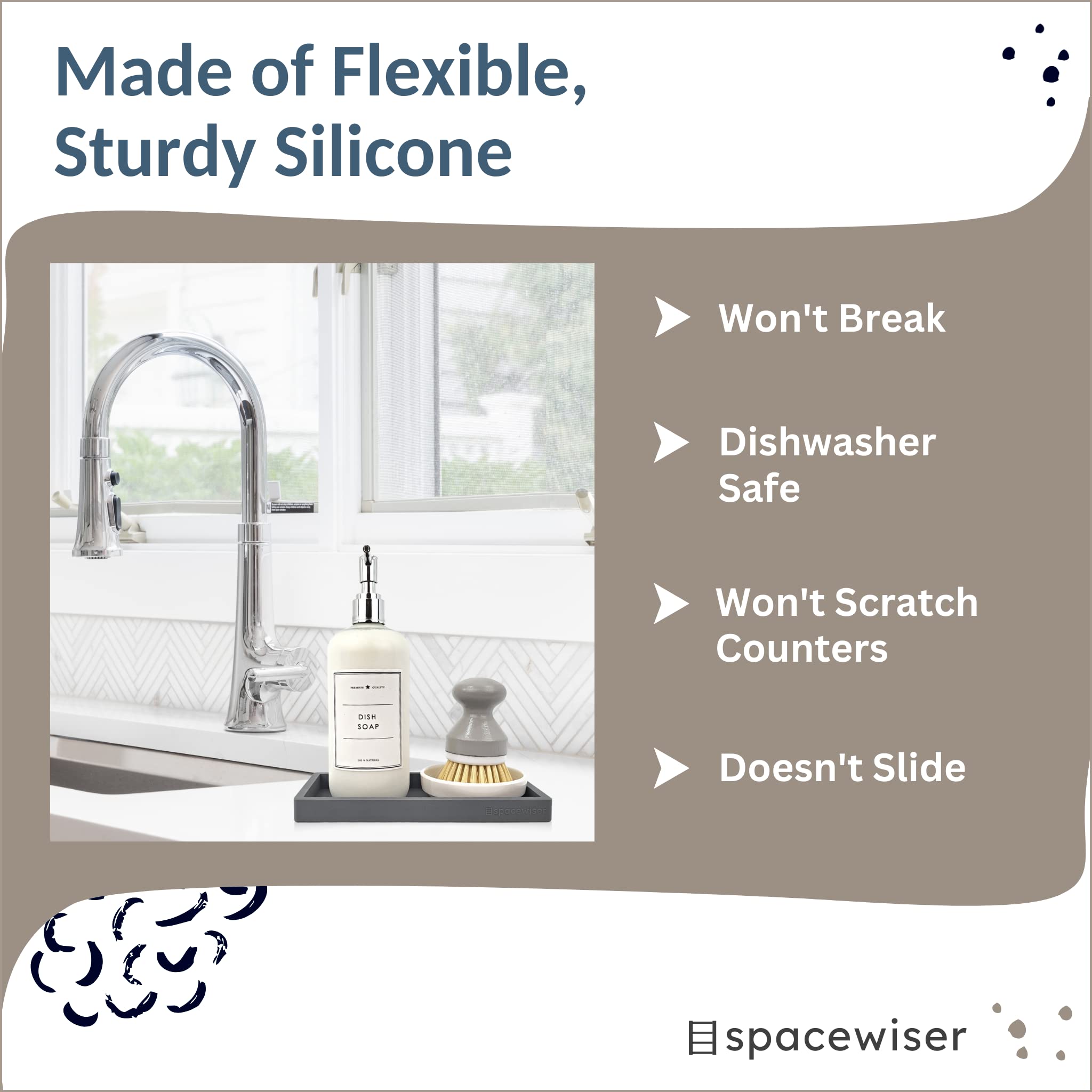 Spacewiser Countertop and Vanity Tray β Small 7.7" Silicone Soap Dispenser Tray, Shatterproof Flexible Bathroom Tray, Kitchen Sink Tray for Soap Bottles, Key Trinket Ring Tray, Original Silicone Tray