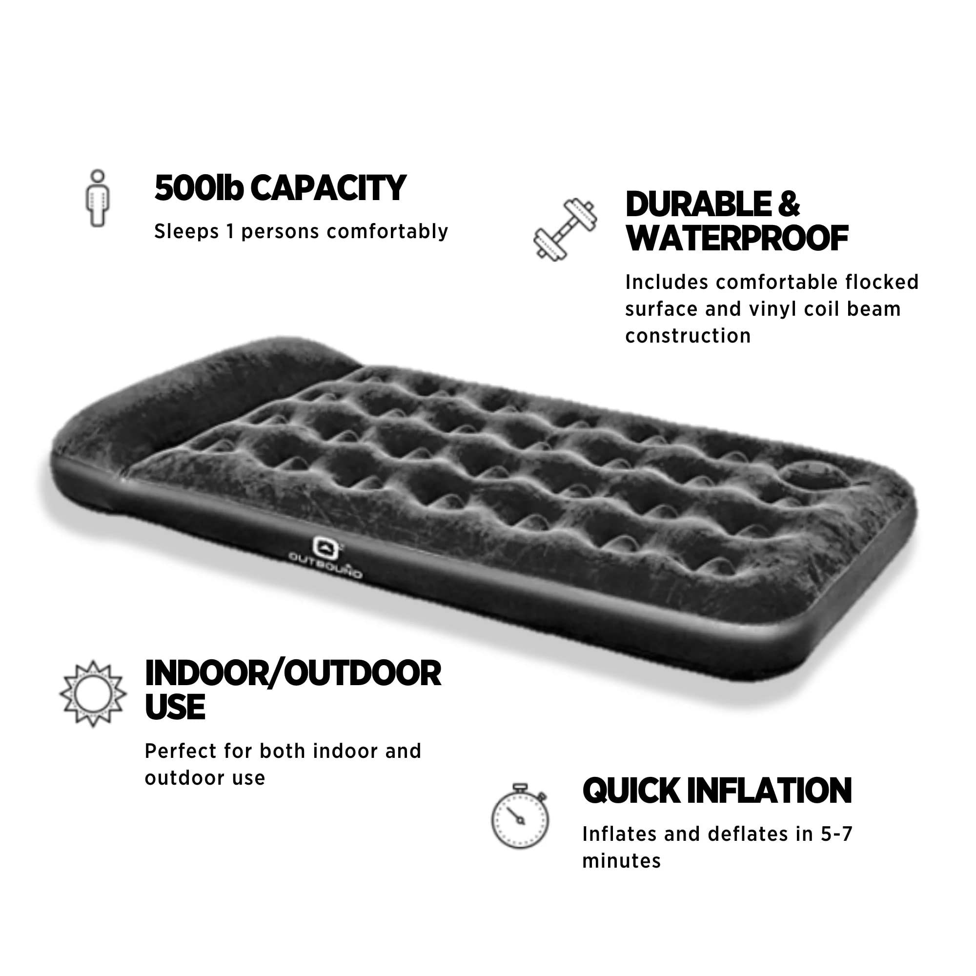 OUTBOUND Portable Lightweight 9" High Single Person Inflatable Camping Mattress Twin Airbed w/Built-in Foot Pump, Coil Beam, Repair Patch, Black