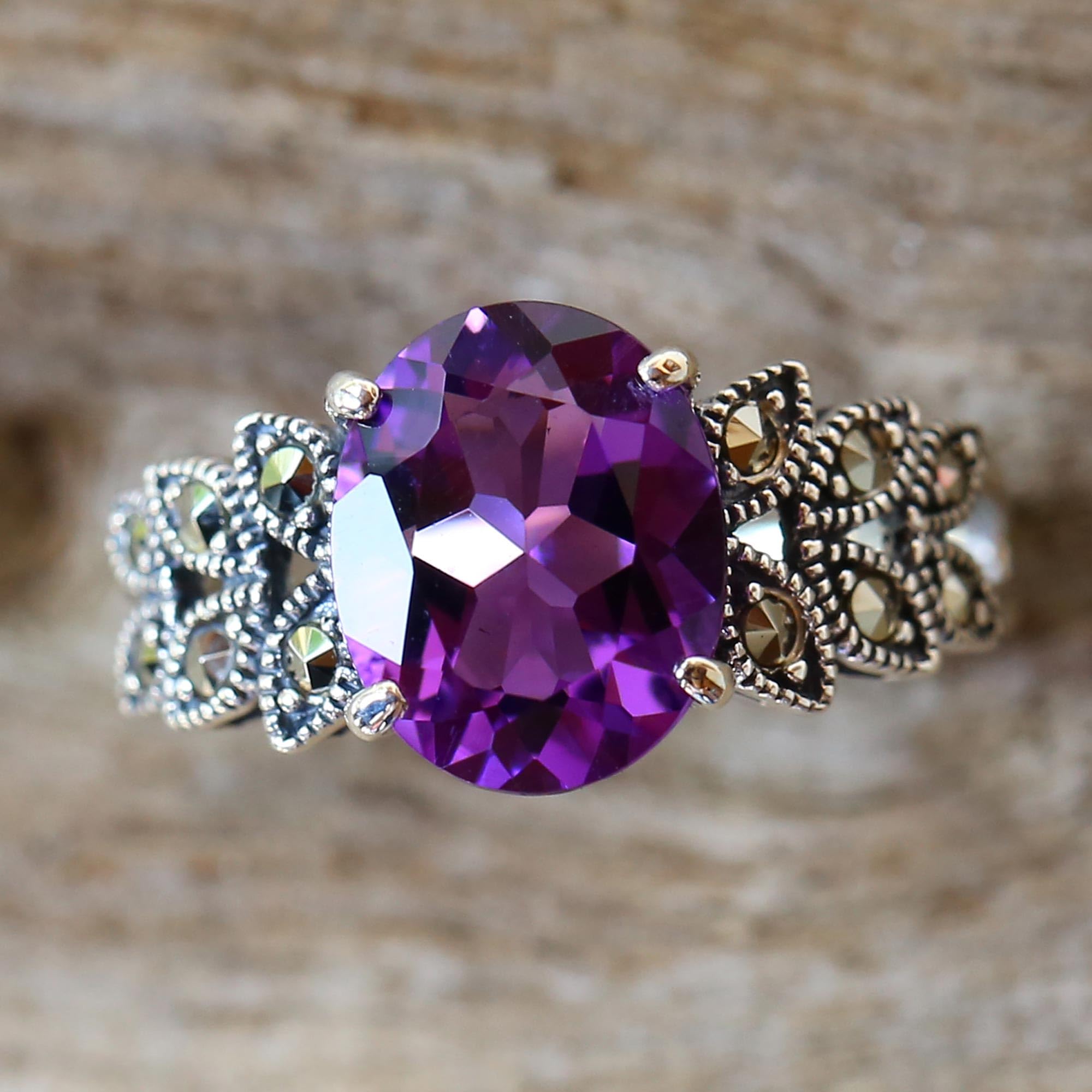 NOVICA Artisan Handmade .925 Sterling Silver Amethyst Marcasite Cocktail Ring from Thailand Birthstone 'Purple Queen'