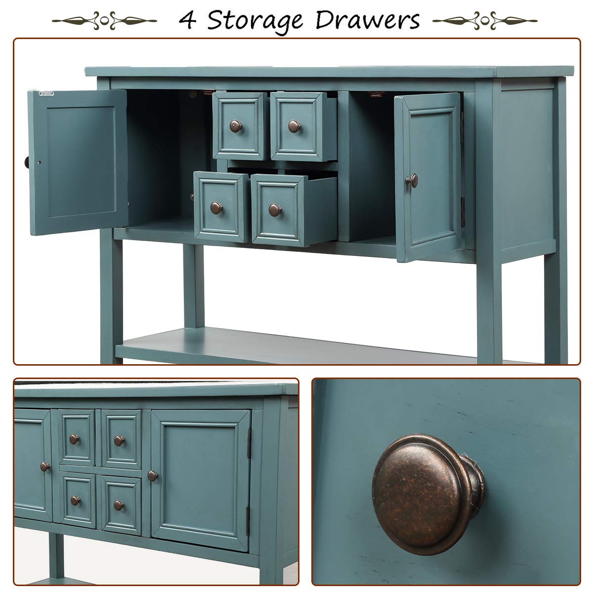 Rhomtree Console Table Sideboard Buffet Storage Cabinet Home Furniture for Entryway Hallway with Bottle Shelf (Dark Blue)
