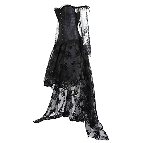Womens Long Sleeve Gothic Dress with Corset Halter Lace Swing Victorian Princess Dresses Off Shoulder High Low Skirt Black