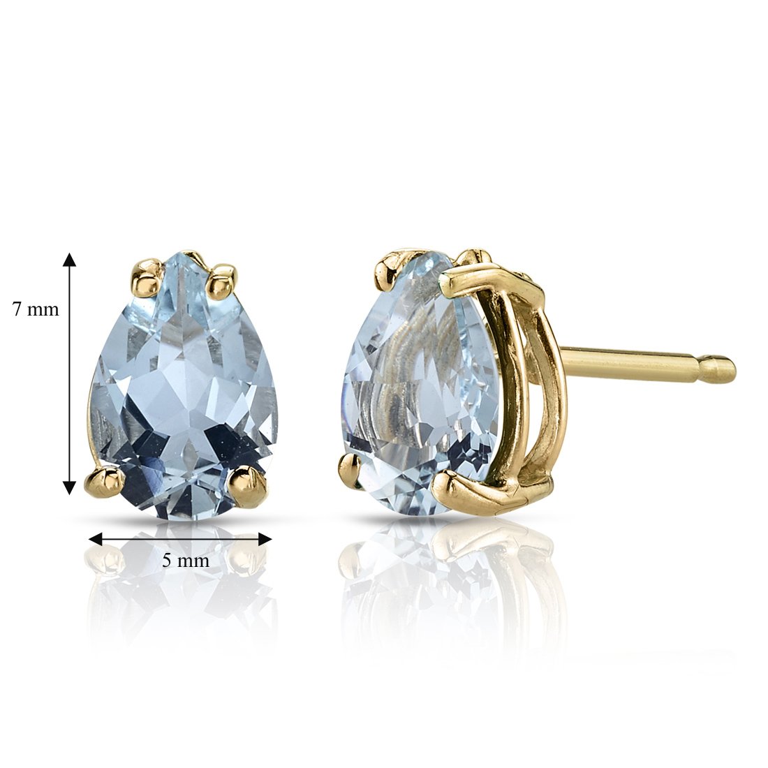Peora 14K Yellow Gold Aquamarine Earrings for Women, Genuine Gemstone Solitaire Studs, 7x5mm Pear Shape, 1 Carat total, Friction Back