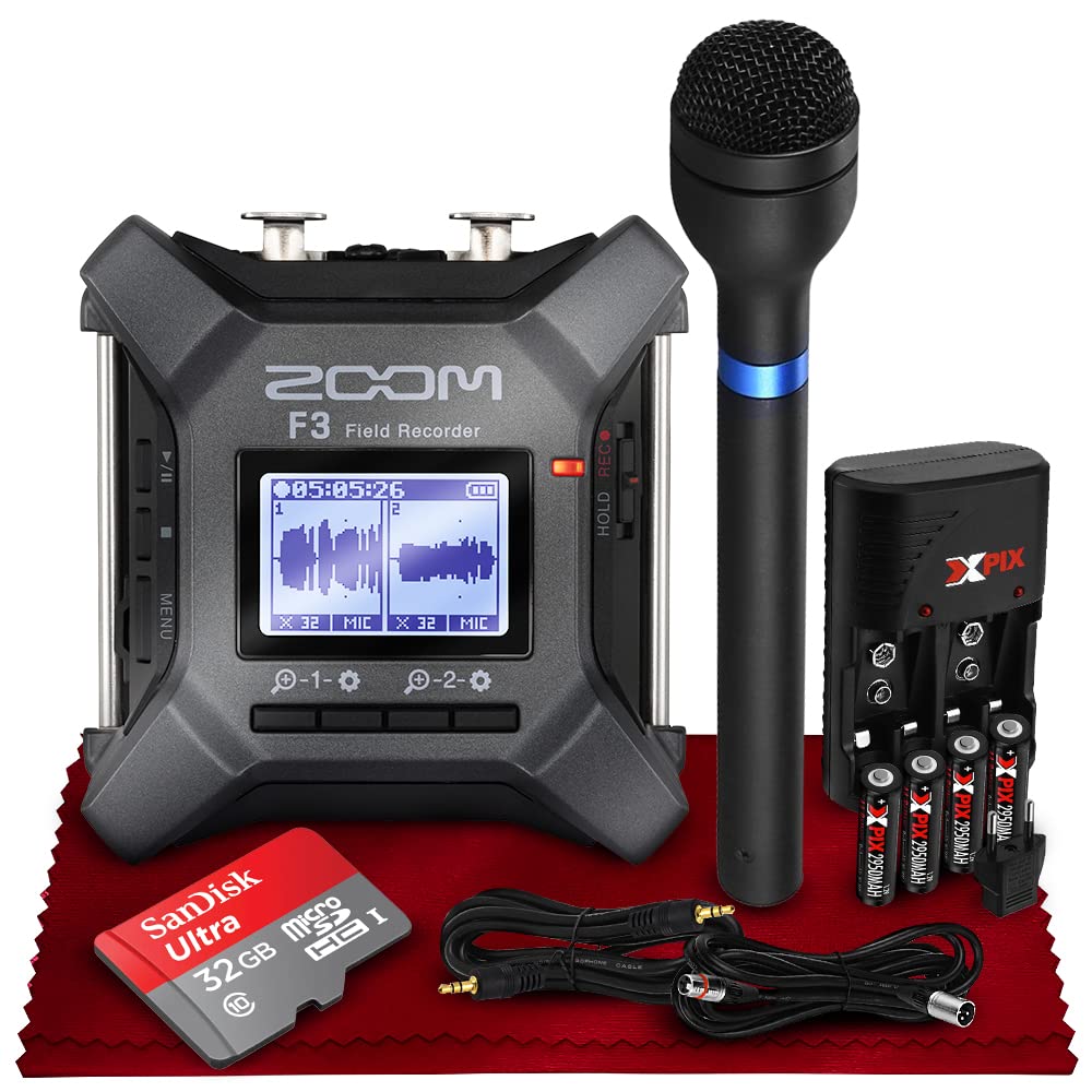 Zoom F3 Professional Field Recorder, 32-bit Float Recording, 2 Channel Recorder is Part of a Bundle w/Newscaster Handheld Mic, Travel Quick Charger, Pro Audio XLR Cable, 32GB Memory Card and More