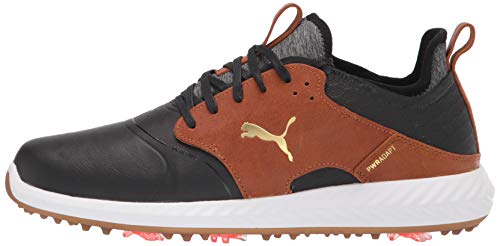 Puma Men's Ignite Pwradapt Caged Crafted Golf Shoe, Puma Black-Leather Brown-Puma Team Gold, 12