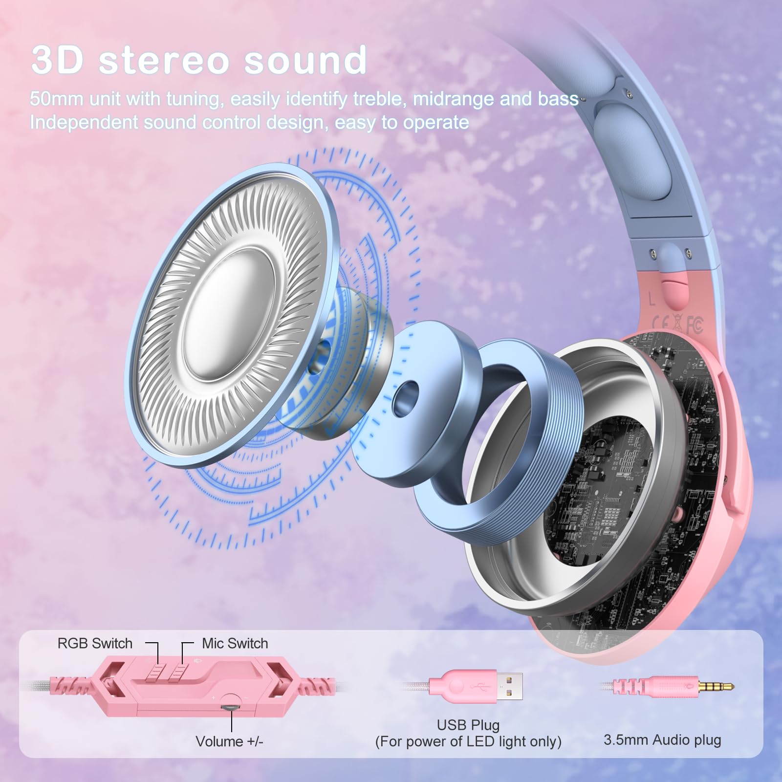 PHNIXGAM Gaming Headset for PS4, PS5, Xbox One(No Adapter), Cat Ear Headphones with Noise Cancelling Microphone, RGB Backlight, Surround Sound for PC, Mobile Phone, Gradient Pink Blue