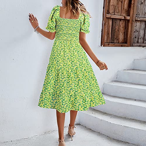 Womens Midi Skirt with Slit Flowy Summer Floral Print Scoop Neck Dress Casual Boho Short Sleeve Smocked Split Swing