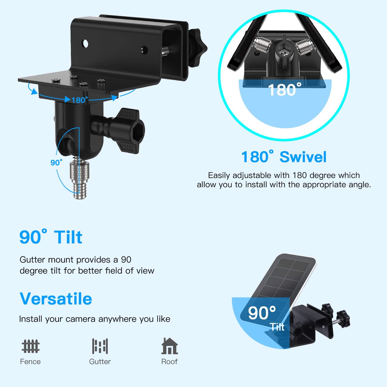 Outdoor Gutter Mount for Arlo Pro/Arlo Pro 3 / Arlo Ultra/Arlo Essential Solar Panel - by TIUIHU - Compatible with Any Other Solar Panel with 1/4 Screw - Durable and Simple Inst(Black,2-Pack)