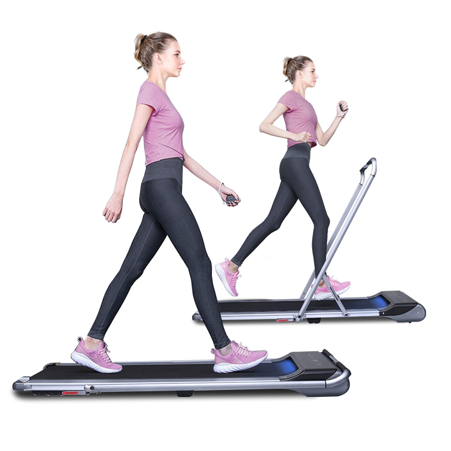 RHYTHM FUN Foldable Under Desk Treadmill with Handrail, Speed Sensor, Smart Remote - For Home/Office