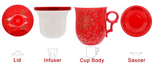 Tea Talent Porcelain Tea Cup with Infuser Lid and Saucer Sets - Chinese Jingdezhen Ceramics Coffee Mug Teacup Loose Leaf Tea Brewing System for Home Office