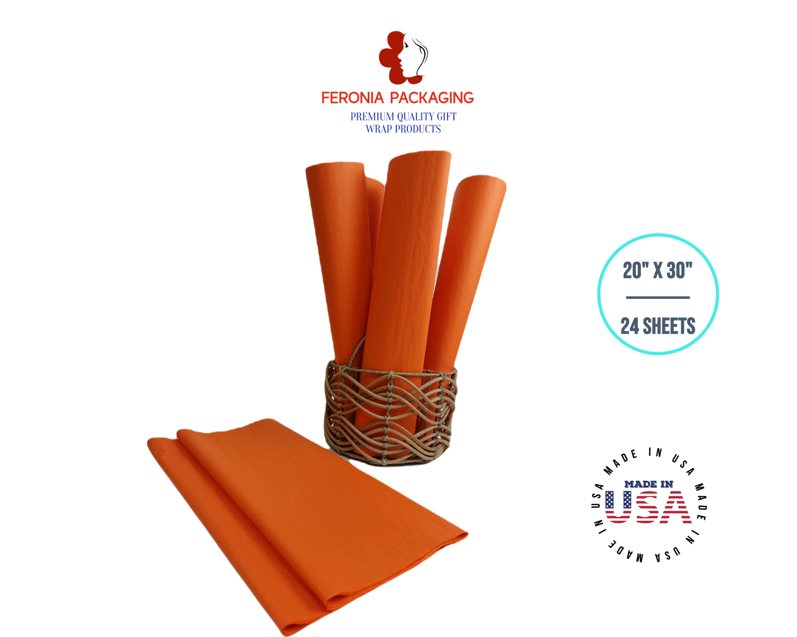 Orange Tissue Paper Squares, Bulk 24 Sheets, Premium Gift Wrap and Art Supplies for Birthdays, Holidays, or Presents by Feronia packaging, Large 20 Inch x 30 Inch
