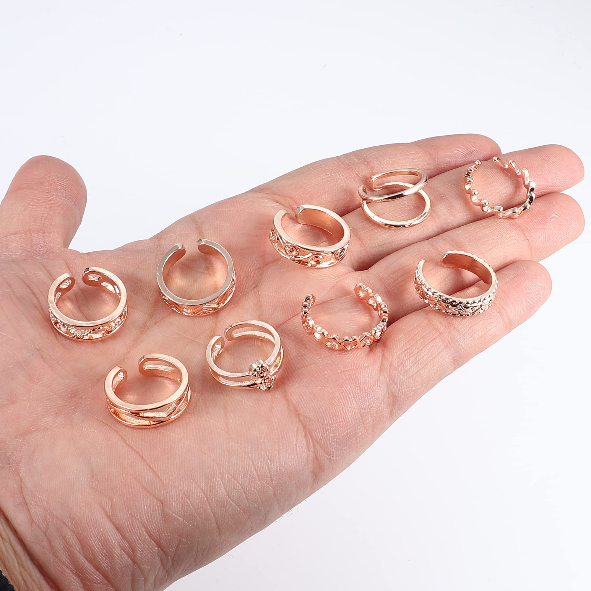 Subiceto 20pcs Adjustable Toe Rings for Women Moon Star Wave Heart CZ Band Leaf Gold Silver Rose Gold Tone Beach Open Toe Ring Set RG