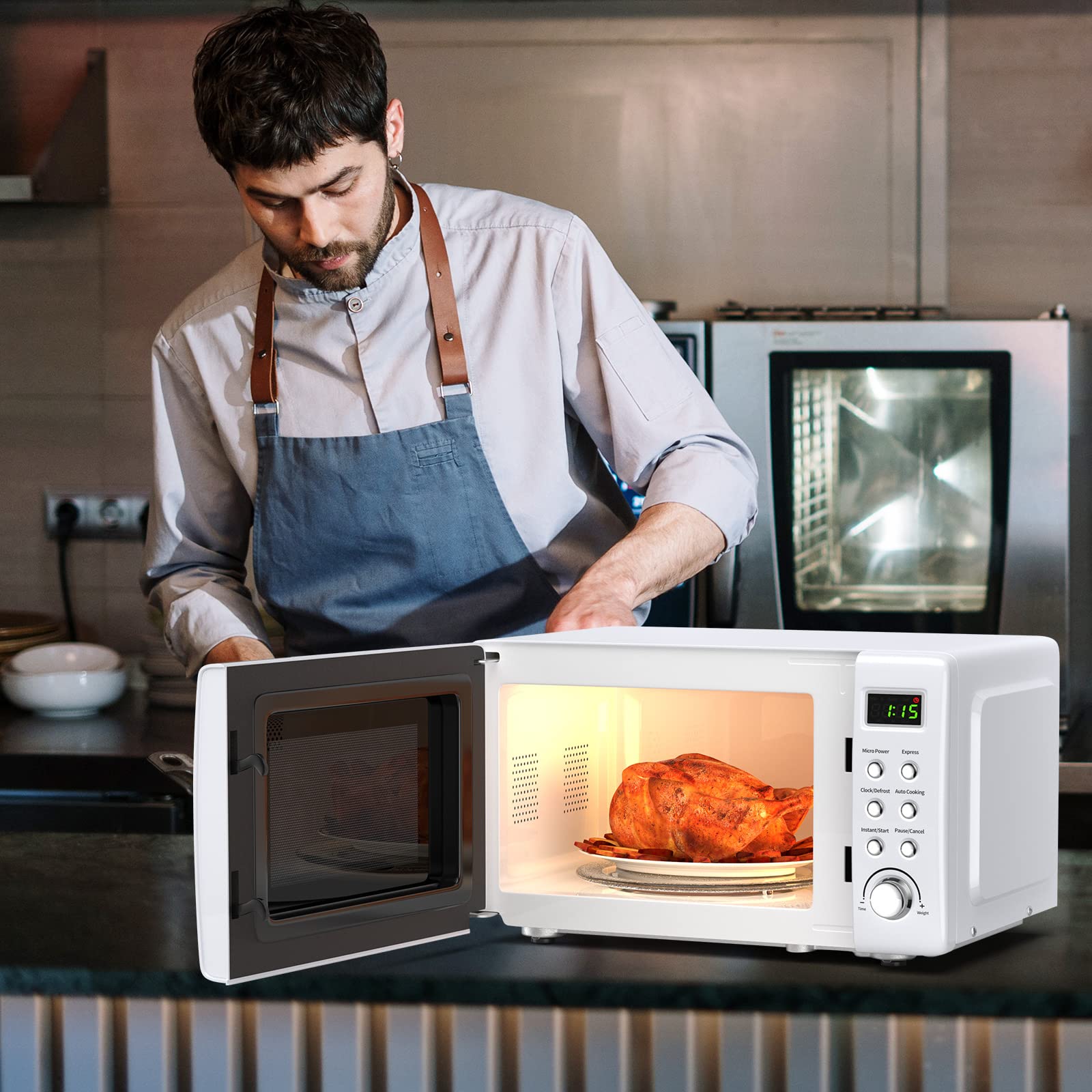 Retro Microwave Oven, SIMOE Small Countertop Microwave 0.7 cu. ft. 700W with 8 Preset Cooking Options (White)