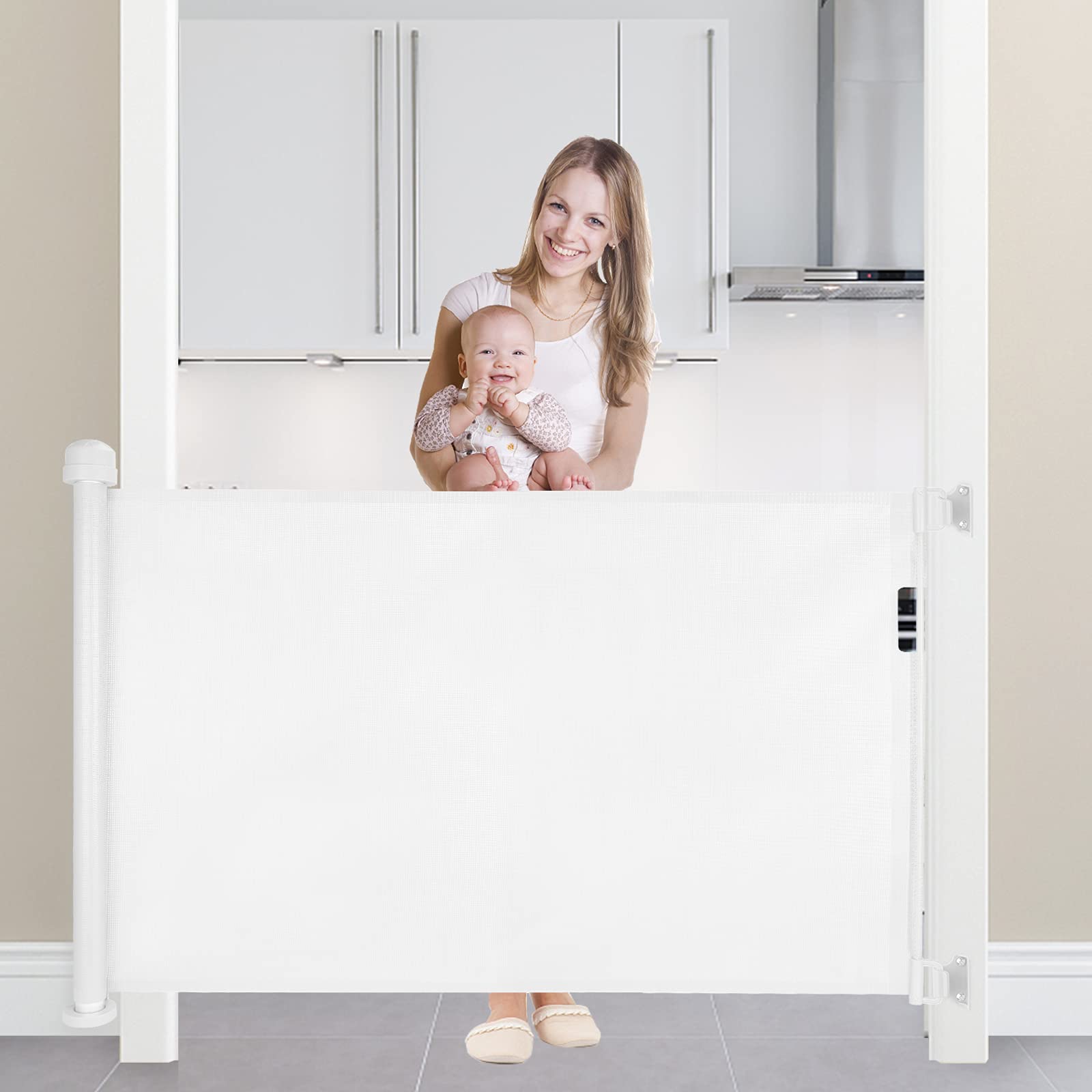 Retractable Baby Gate Mesh Safety Gate for Dog Indoor,Outdoor or Stairs 34" Tall Extends to 59" (White)