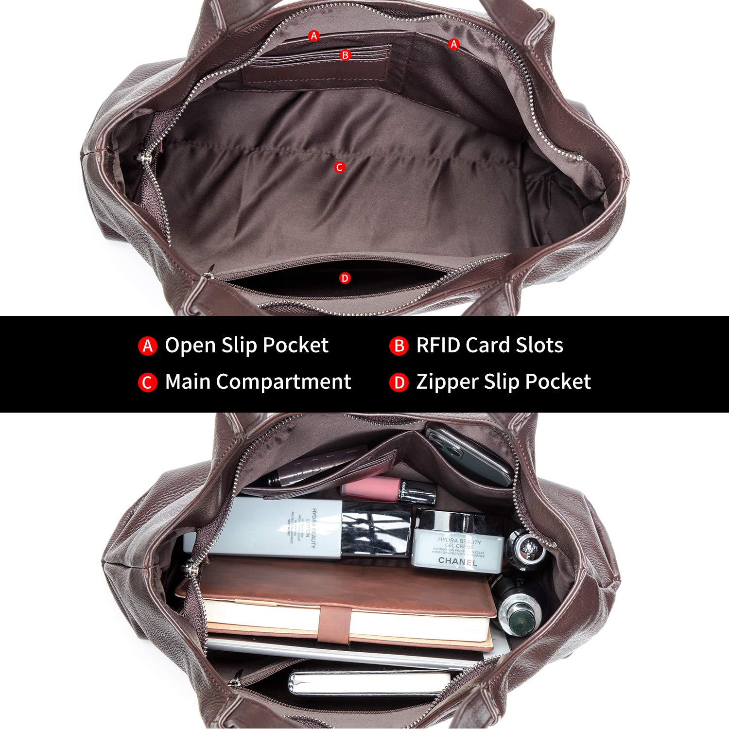 Soft Leather Tote Purse Zipper Closure Designer Handbag Women RFID Top-handle Bag Lightweight