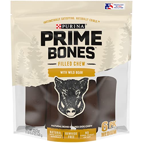 Prime Bones Purina Made in USA Facilities Natural Medium Dog Treats, Filled Chew with Wild Boar - 6 ct. Pouch