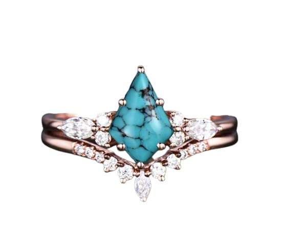 Vintage kite cut natural Turquoise engagement ring set 14k rose gold marquise cut diamond ring for women unique bridal wedding ring set gift