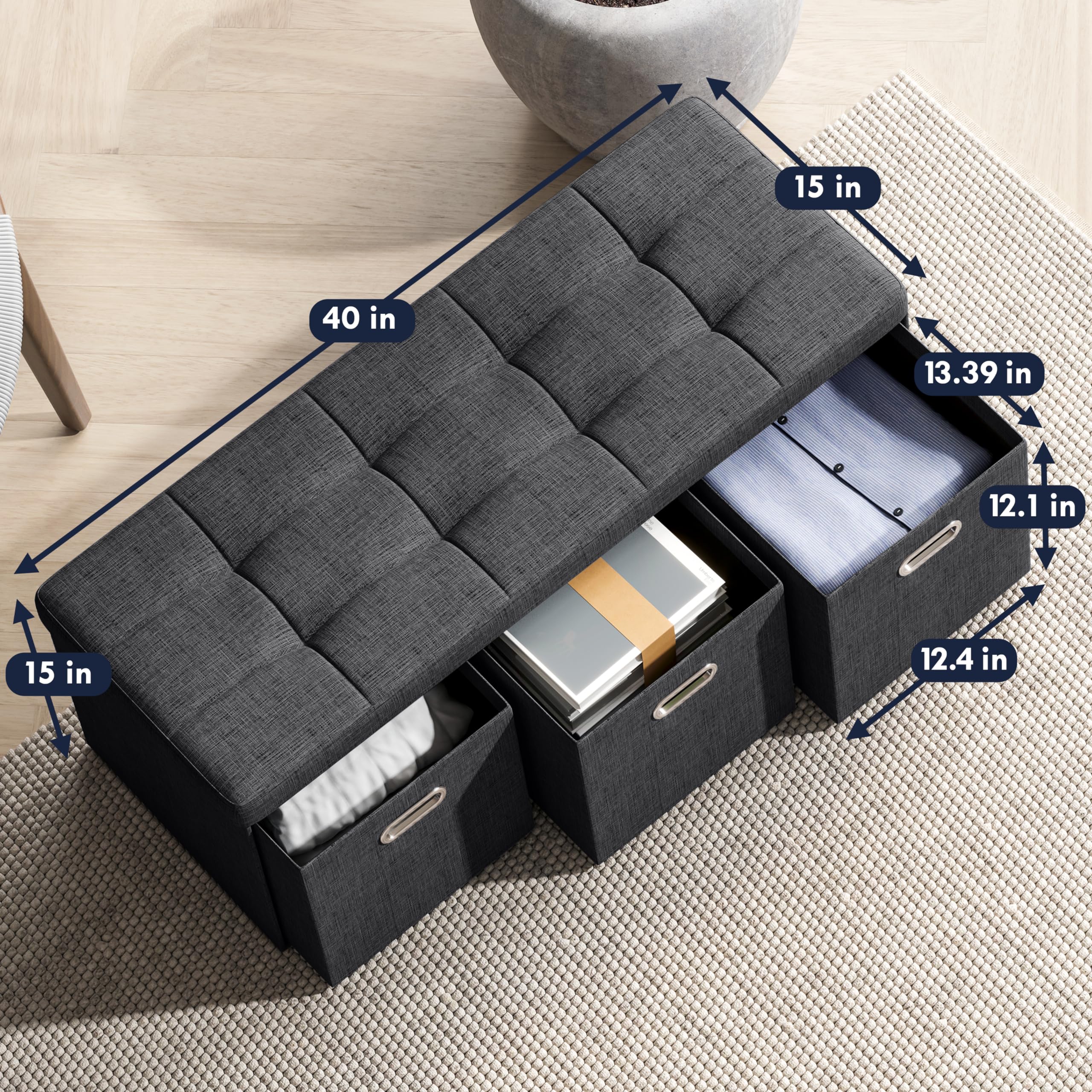 Ornavo Home Foldable Tufted Linen Large Long Bench Storage Ottoman Foot Rest Stool Seat with 3 Drawer Cubes - 15" x 40" x 15", Beige