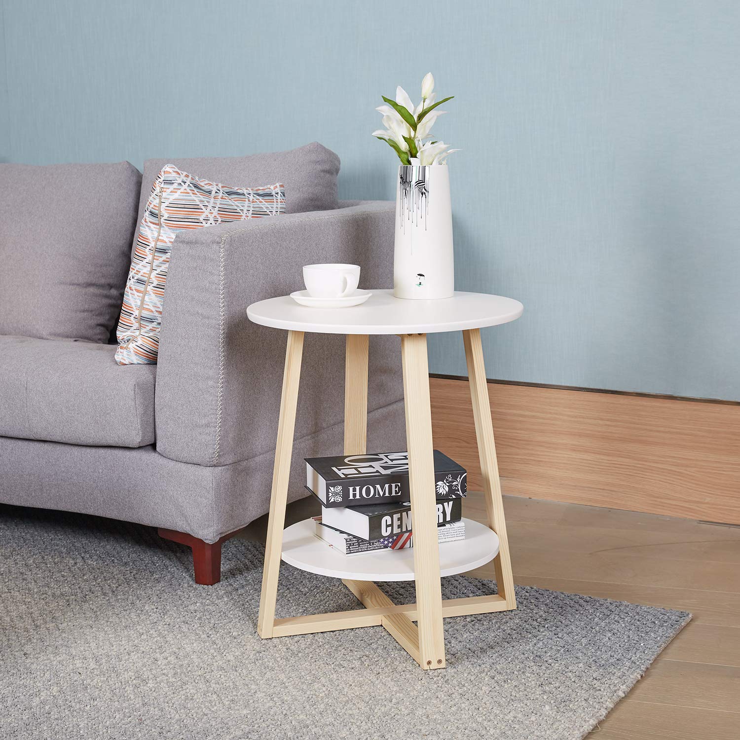 NXN-HOME Round Sofa Side End Table with 2-Tier Storage, White Sofa Small Side Table for Home Office Living Room Bedroom Furniture, MDF Desktop, Durable Solid Wood Bracket
