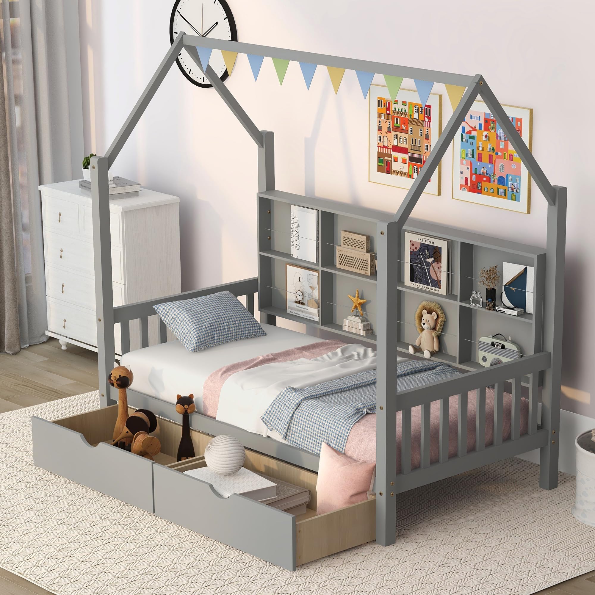 Pink House Beds with Trundle and Storage Shelves for Kids Montessori Bed Wood Playhouse Tent Bed Frame for Girls Boys, Twin Size