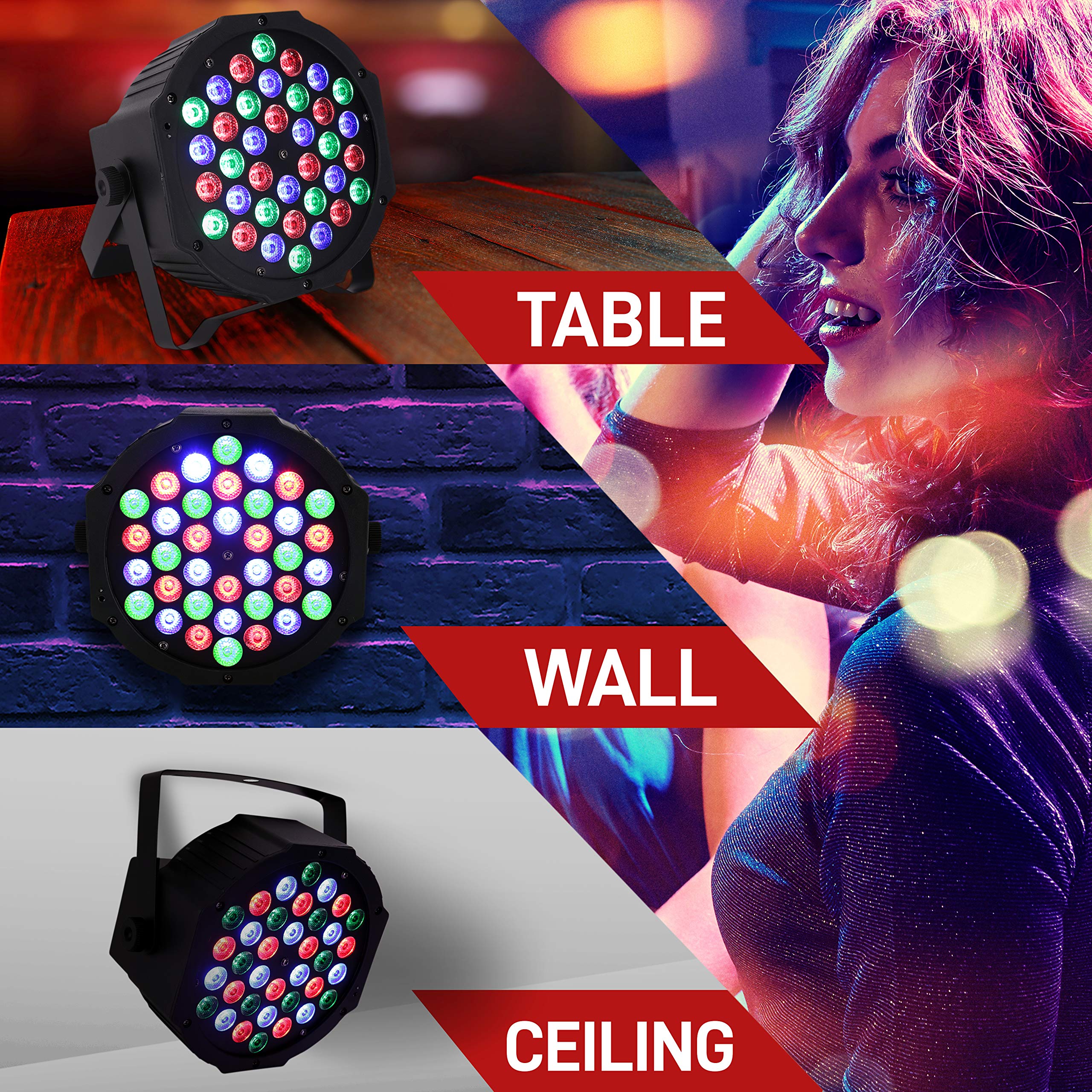 Pyle 4pcs Dj Par Lights Set - DMX, 40W 36 RGB LED Stage Projector Lights Package w/ Sound Sync, Master-Slave Mode - Professional Party Nightclub Lights Uplighting Lights for Events - Pyle PLDJLT44