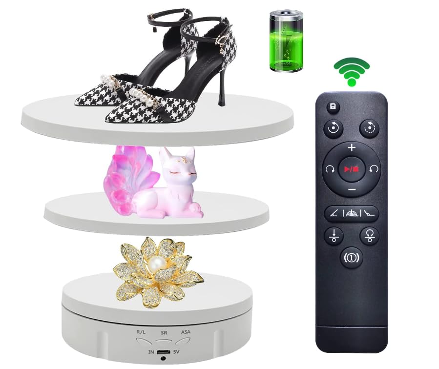 Remote Motorized Rotating Display Stand,3 in 1 Turntable Motorized White Lazy Susan with 5.74/7.08/8.66 inch Replacement Cover for Photography Products and Craft Shows(3 Modes