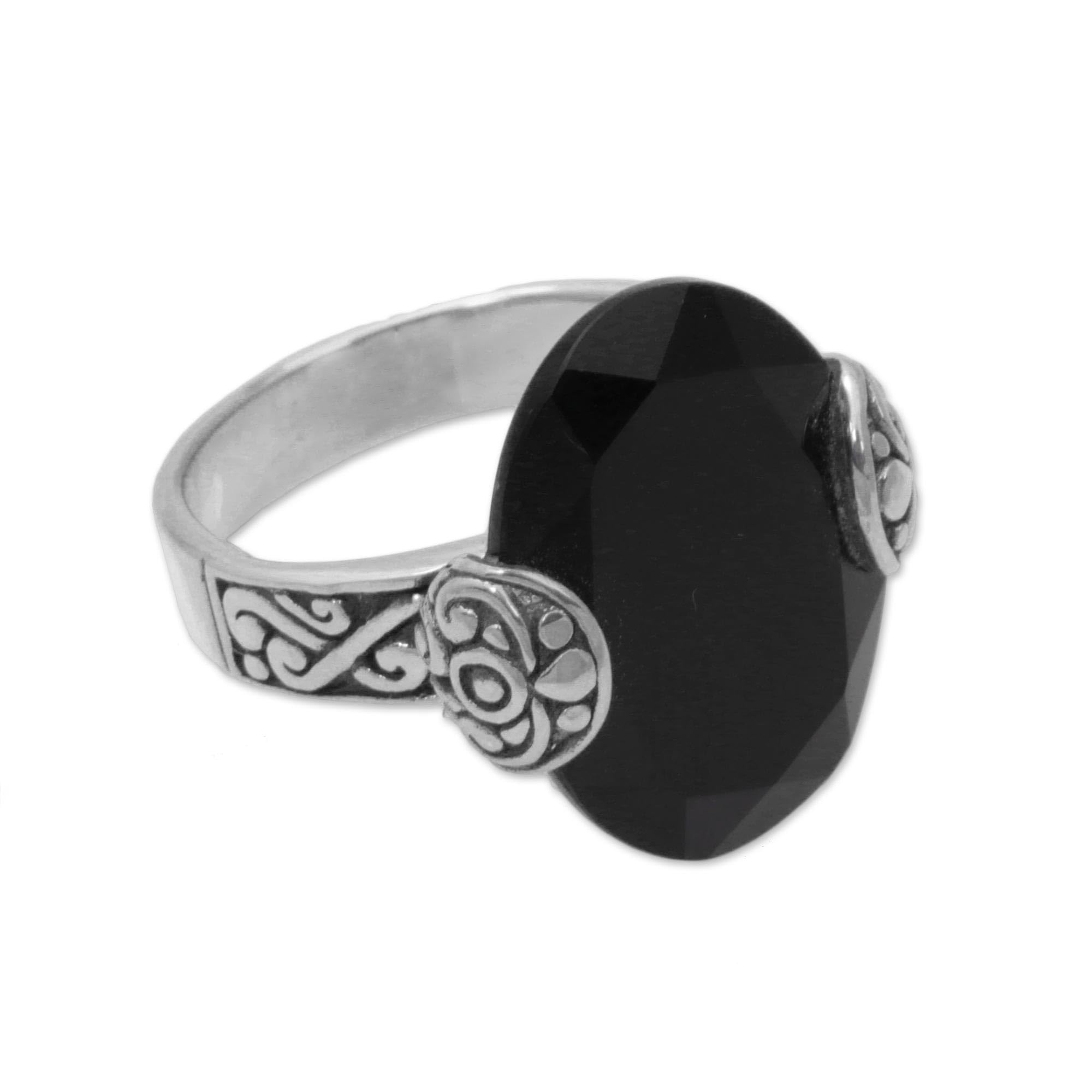 NOVICA Artisan Handmade Onyx Cocktail Ring Oval Sterling Silver from Bali Red Single Stone Indonesia Birthstone [crownbezel 0.8 in H x 0.7 in W x 0.2 in D Band Width 5 mm W] ' Mysterious Oval'