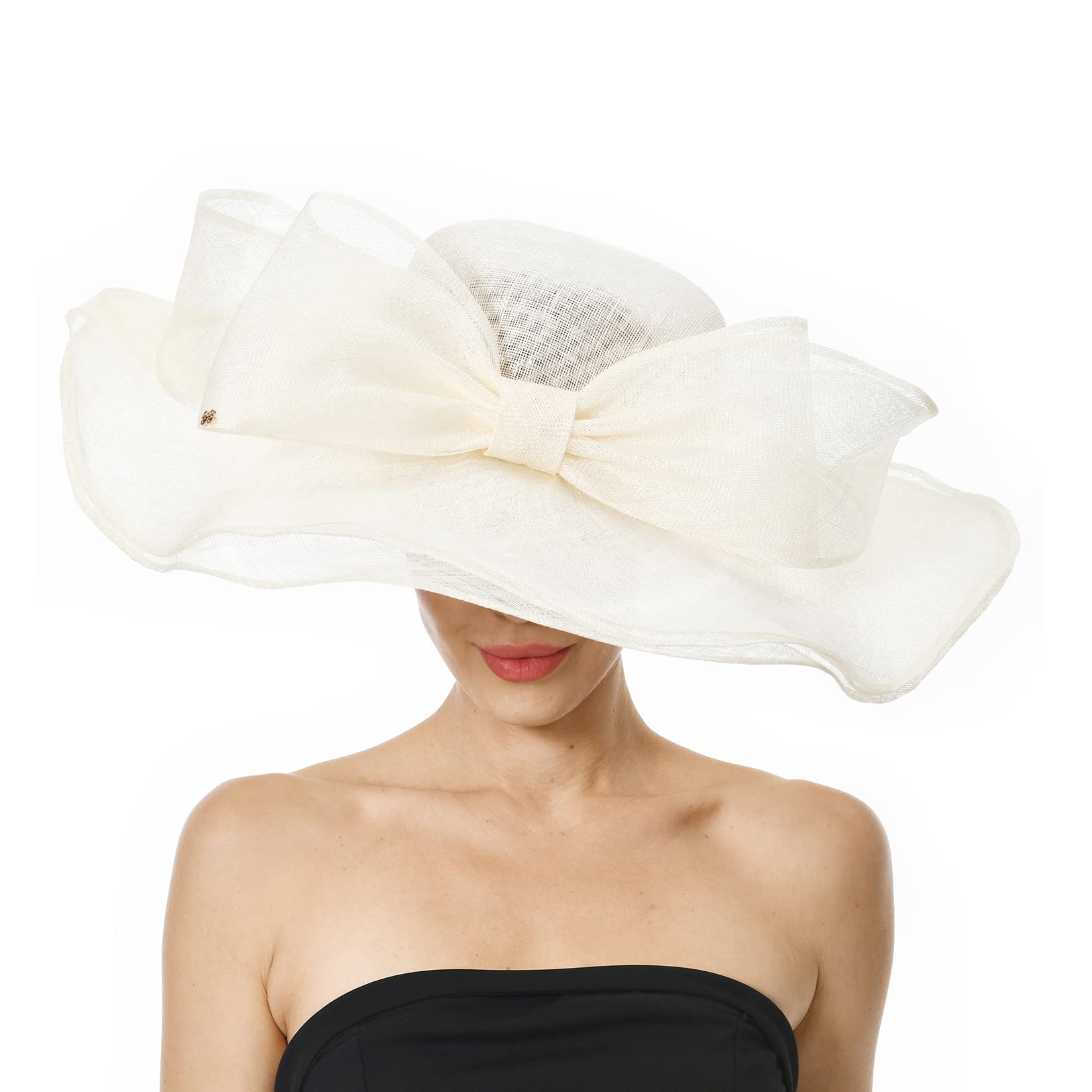 VINTAGEHAT Kentucky Derby Hats for Women - White Fascinator Large Brim Bowknot Church Summer Beach Sun Hat Off-white Small-Large