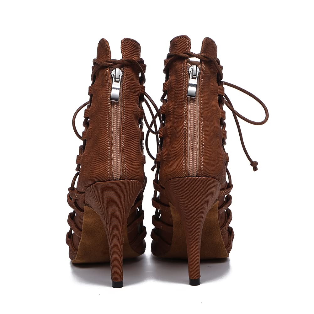 RUYBOZRY Women's Open Toe Latin Dance Boots Lace up Salsa Ballrooom Performence Practice Party Dance Shoes,YCL529-Brown-10,US 7.5