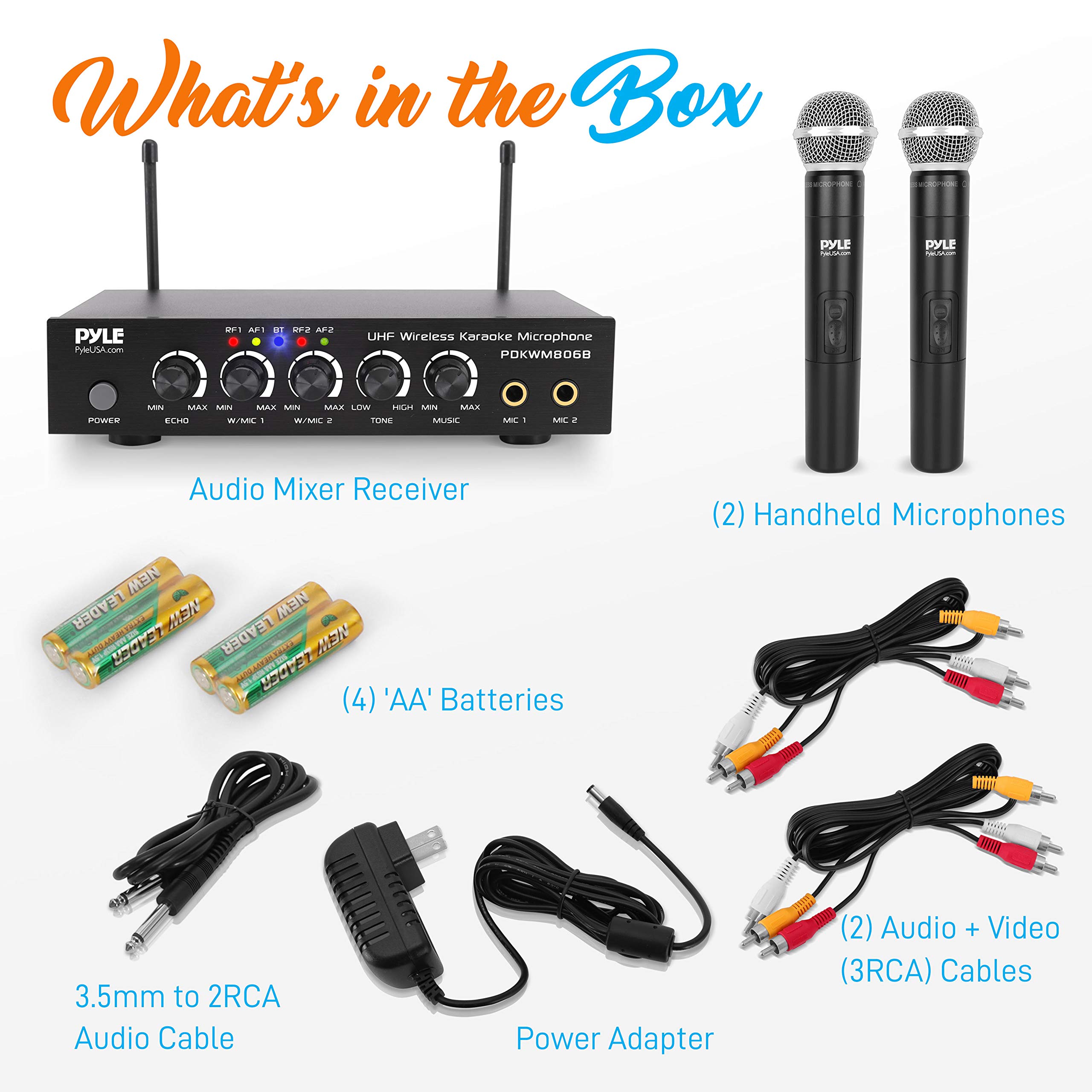 Pyle Portable UHF Wireless Microphone System - Battery Operated Dual Bluetooth Cordless Microphone Set, Includes 2 Handheld Transmitter Mic, Mixer Receiver, RCA, for PA Karaoke DJ Party PDKWM806B