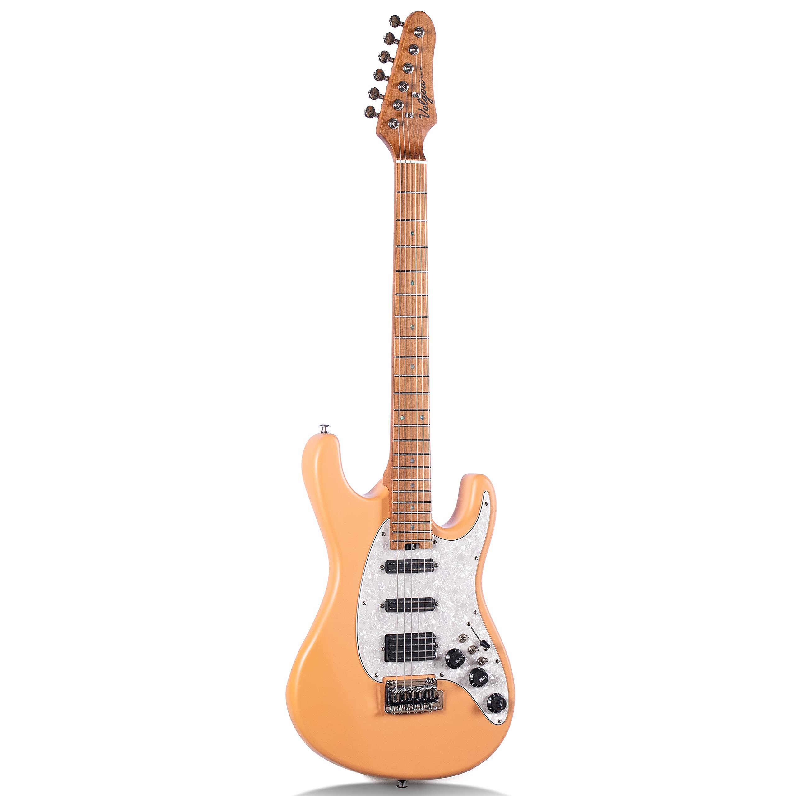 Volgoa VVS 6-String Solid Body Electric Guitar with Alder Body,Stainless Steel Frets,Featuring Tremolo System, with Plastic Pearl Pickguard and String Tree (Orange)