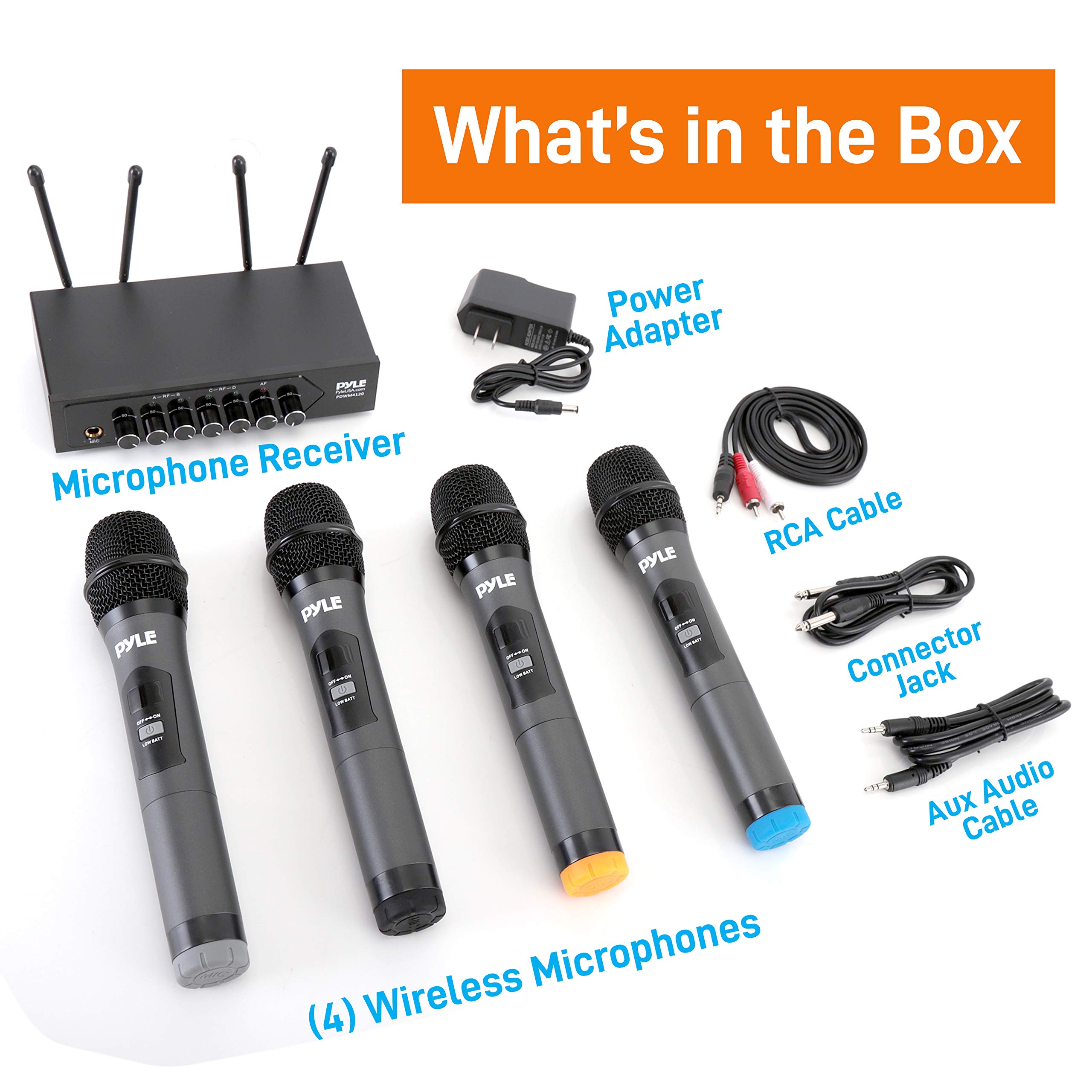 Pyle Portable UHF Wireless Microphone System - Battery Operated Four Bluetooth Cordless Microphone Set with 50 Channels Selectable Frequency, Receiver Base, AUX, PA Karaoke DJ Party - Pyle PDWM4120