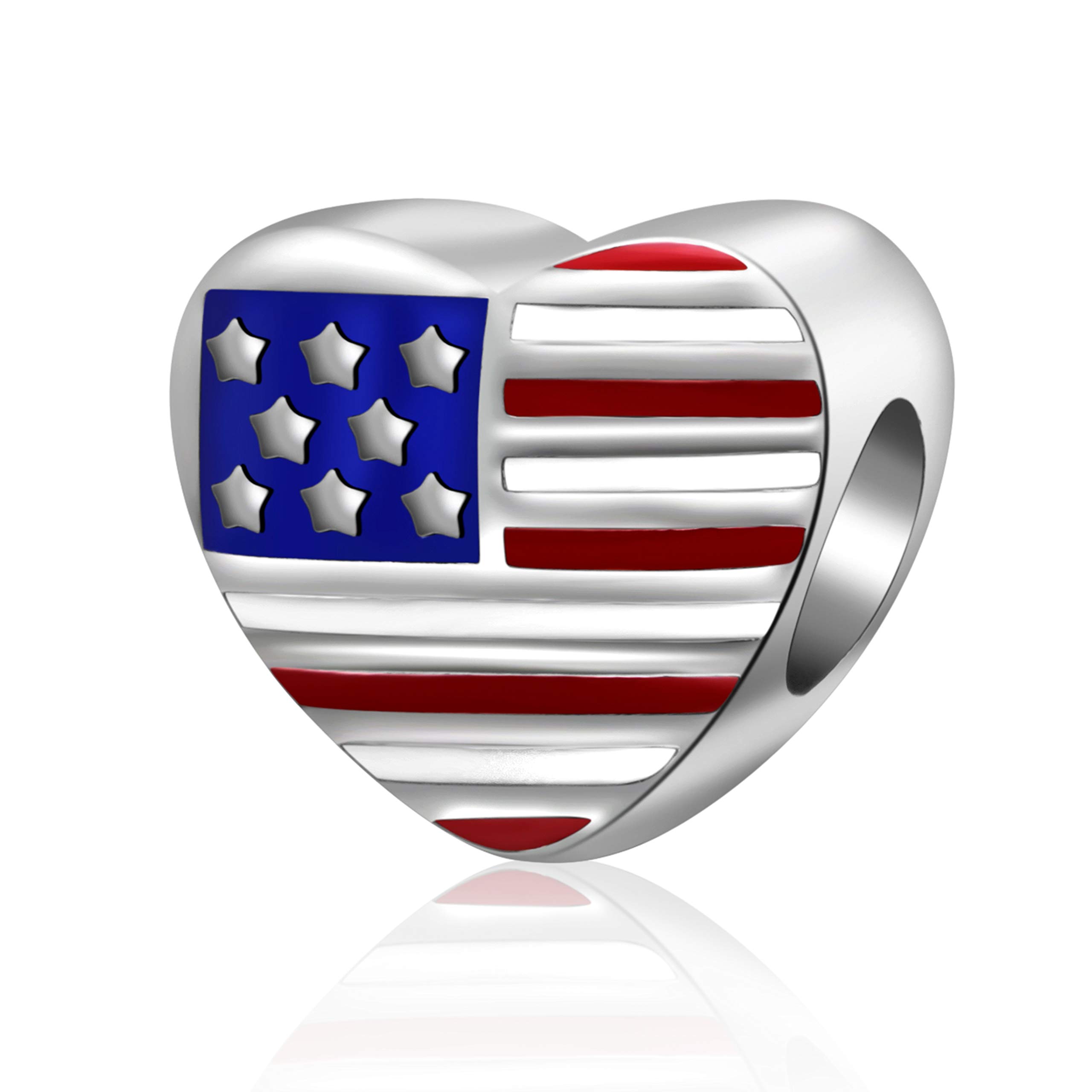 Patriotic Proud American USA Flag Charms 925 Sterling Silver Enamel Travel Country Bead (Heart)