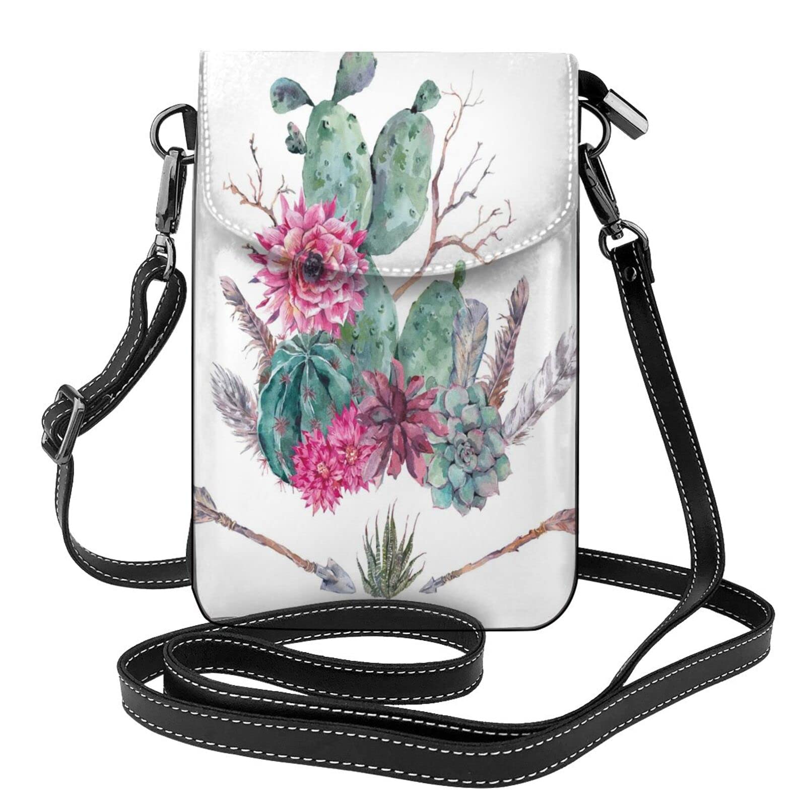 Women Cell Phone Purse Leather Crossbody Bag-Cactus With Boho Style Bouquet Mini Shoulder Bag Card Holder Wallet